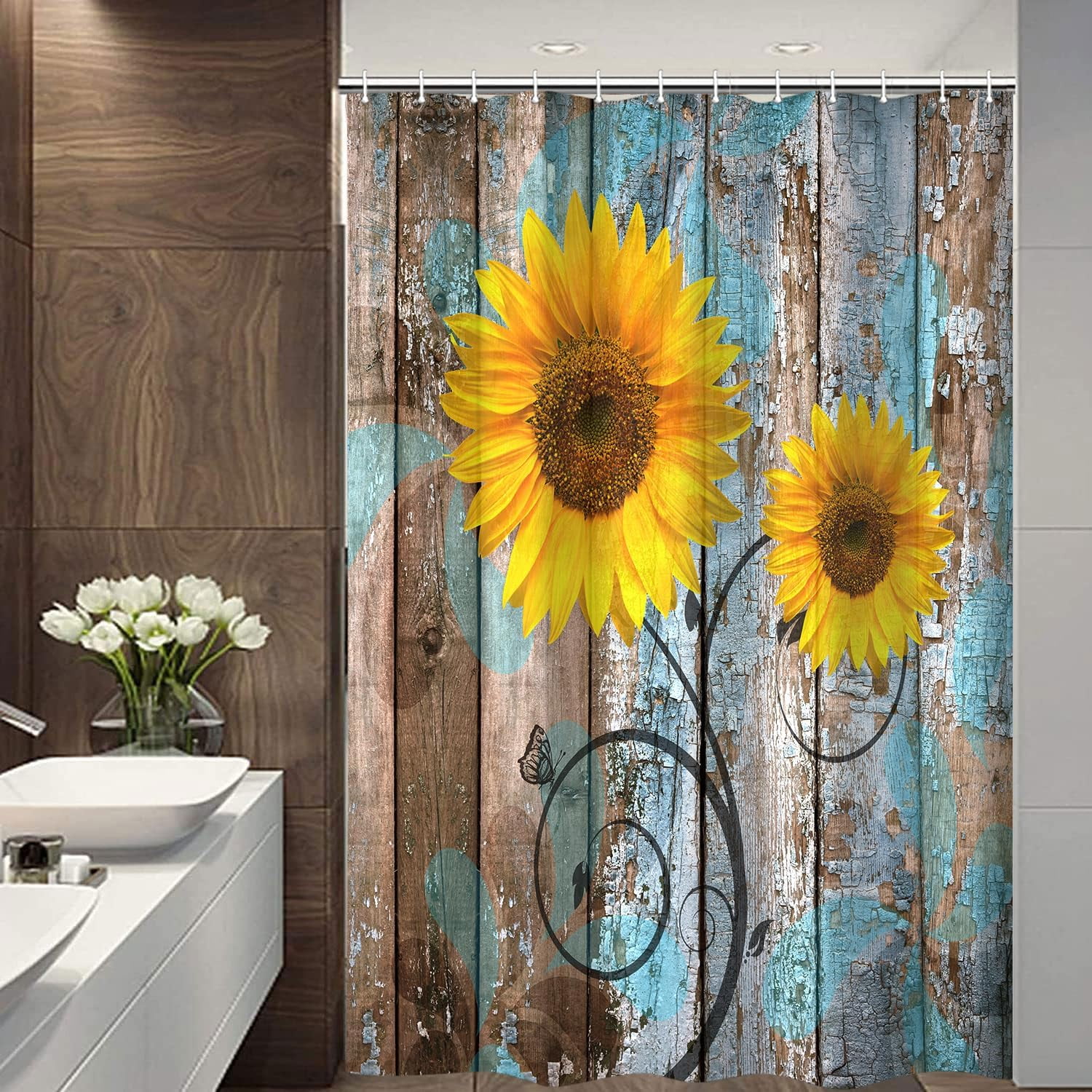 Farmhouse Rustic Shower Curtain, Sunflower Country Fall Autumn Floral ...