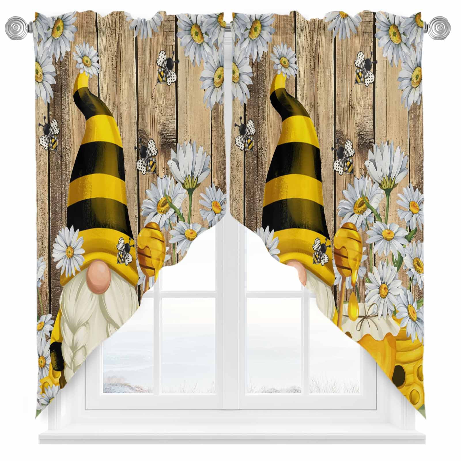 Farmhouse Rustic Swag Curtain Valance for Windows, Gnome Daisy Floral ...