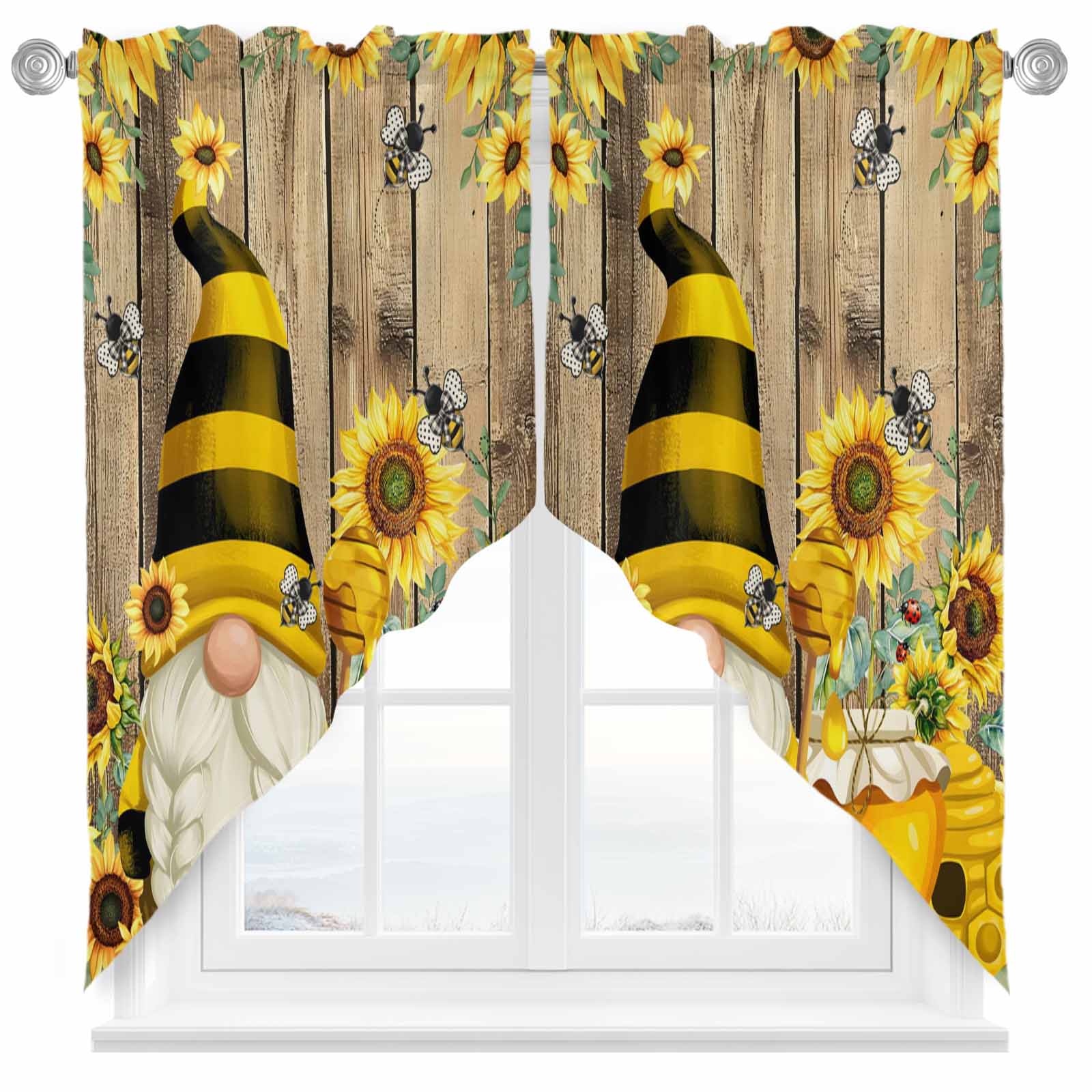 Farmhouse Rustic Swag Curtain Valance for Windows, Gnome Sunflower Bee ...