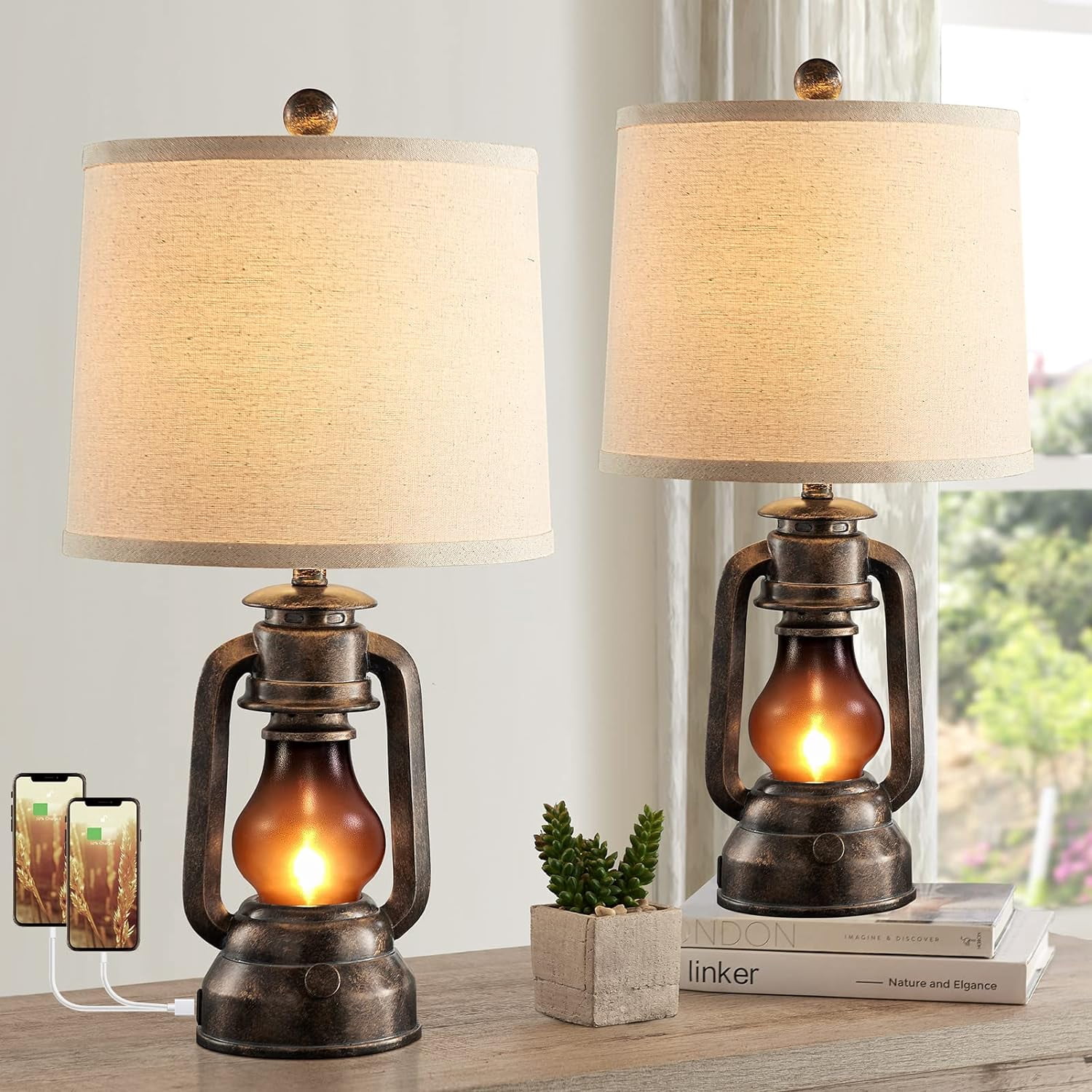 Farmhouse Rustic Table Lamps for Bedroom Set of 2, Vintage Lantern Lamp ...