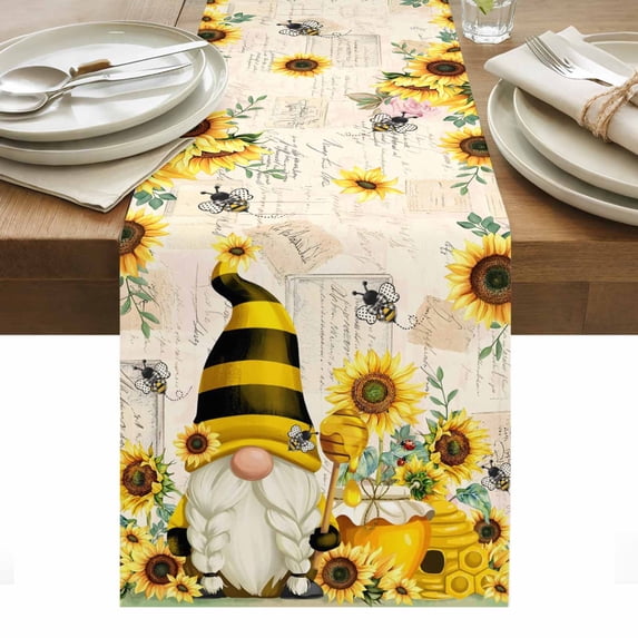 Farmhouse Rustic Table Runner 13 x 90 Inch, Gnome Sunflower Bee Beige ...