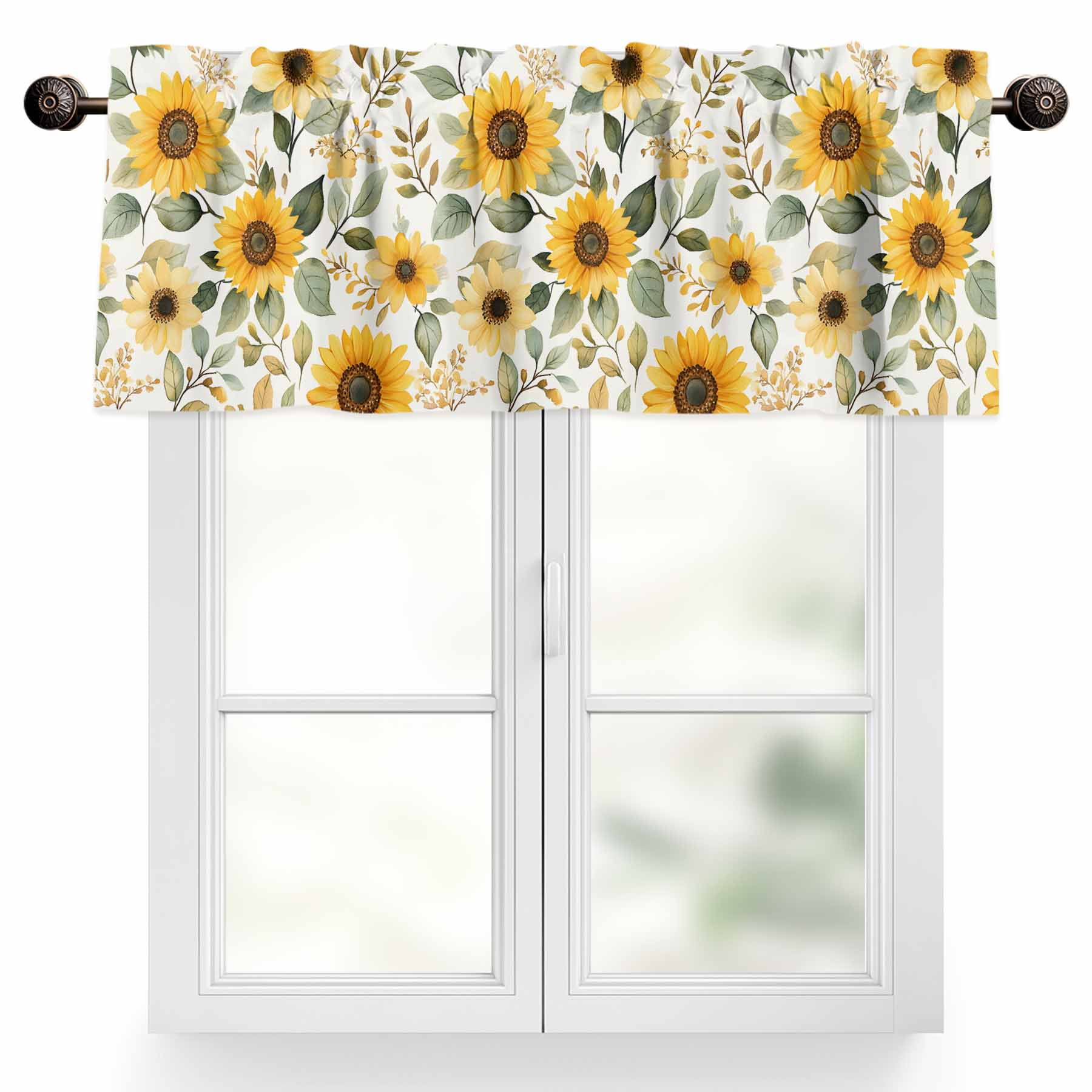 Farmhouse Rustic Valances for Windows, 42 x 12in, Sunflower Floral Leaf ...