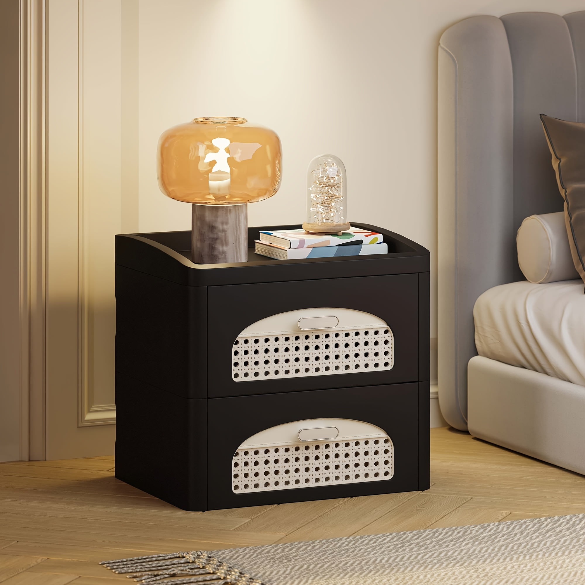 Farmhouse Rustic Wood Bedside Table With Storage Drawers And Open ...