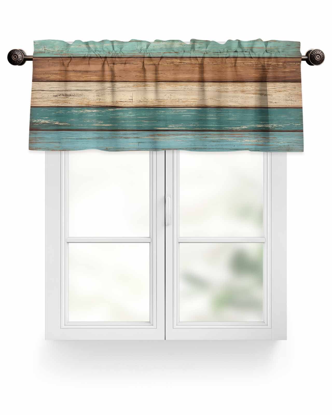 Farmhouse Rustic Wood Texture Kitchen Valances for Windows Teal Brown ...