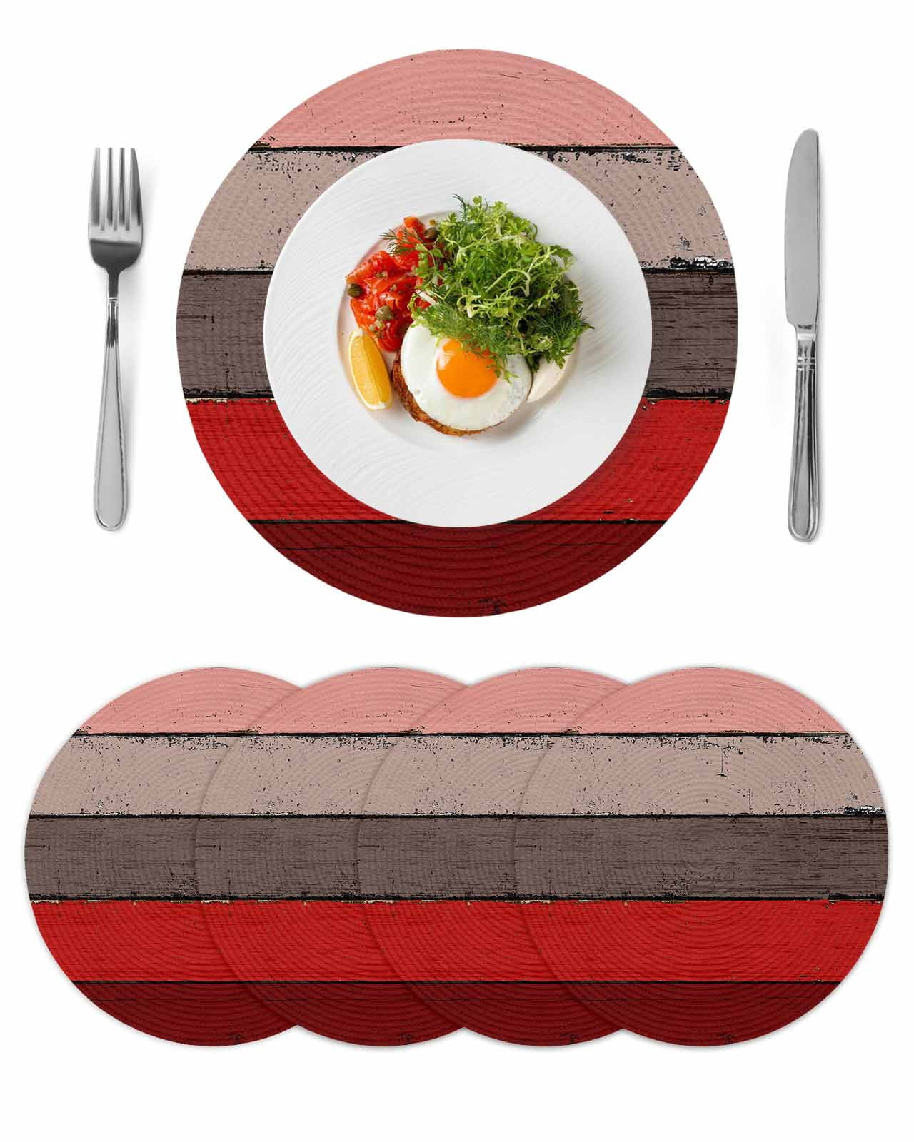 Farmhouse Rustic Wood Texture Round Table Placemats set of 4, Red Brown ...