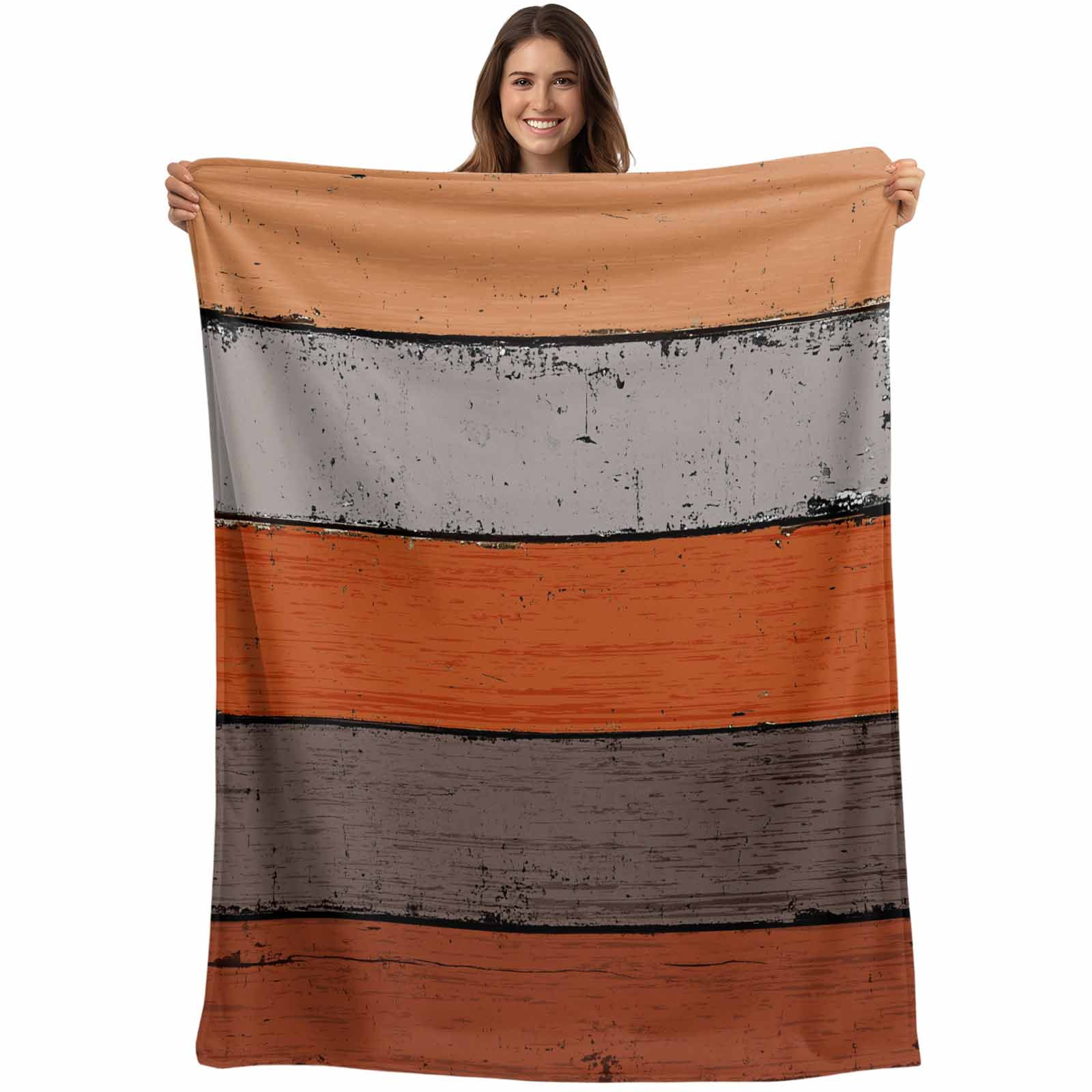 Farmhouse Rustic Wood Texture Throw Blankets, Burnt Orange Grey Soft ...
