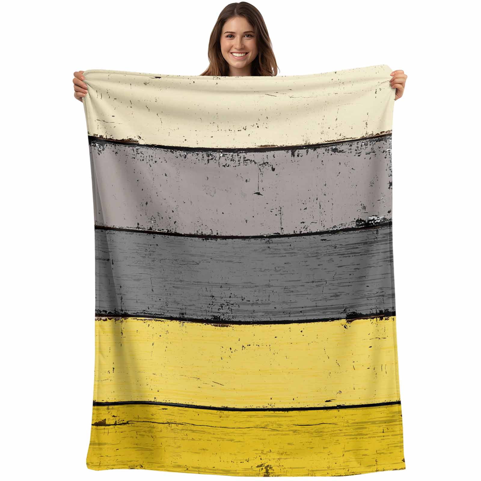 Farmhouse Rustic Wood Texture Throw Blankets, Yellow Grey Soft Fleece ...