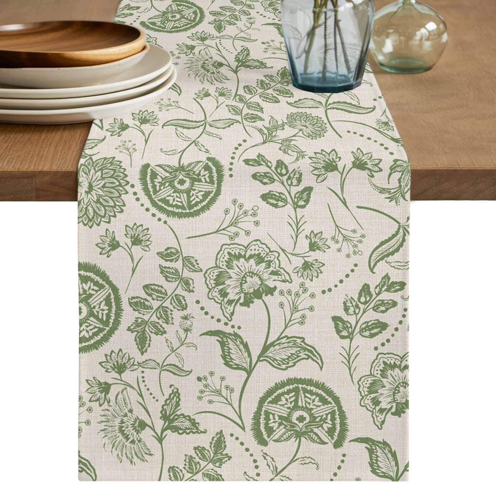 Farmhouse Sage Green Floral Table Runner, Linen Boho Flower Rustic ...