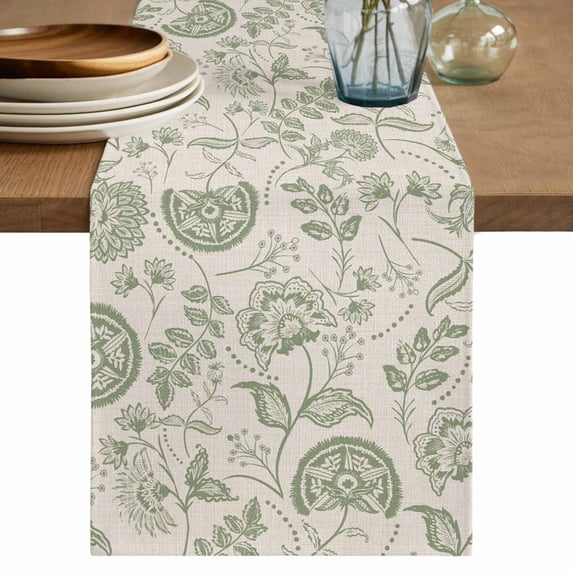 Farmhouse Sage Green Floral Table Runner, Linen Boho Paisley Flower ...
