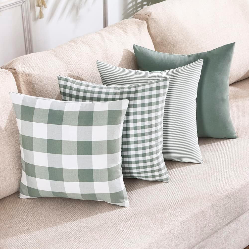 Farmhouse Sage Green Plaid Pillow Covers 18x18 Set of 4 Spring Neutral ...