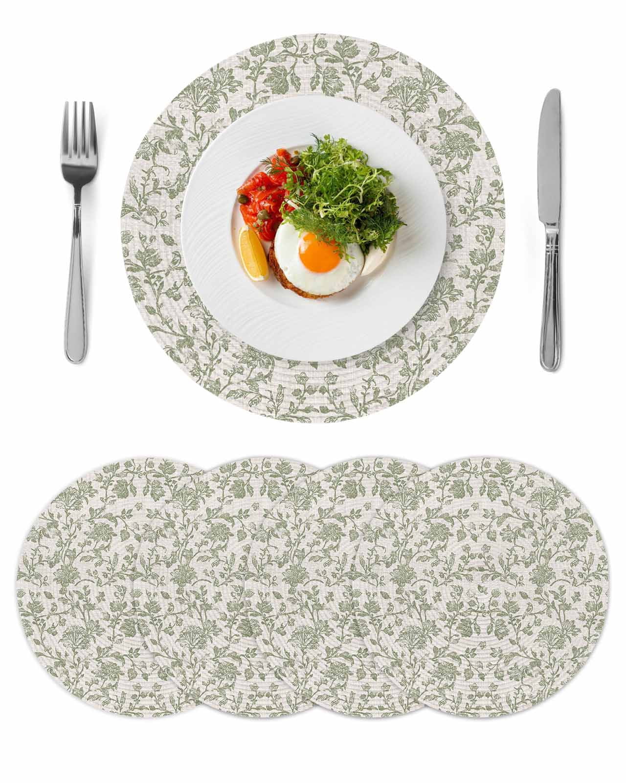Farmhouse Sage Green Round 15 Inch Placemats Set of 4, Vintage Flower ...