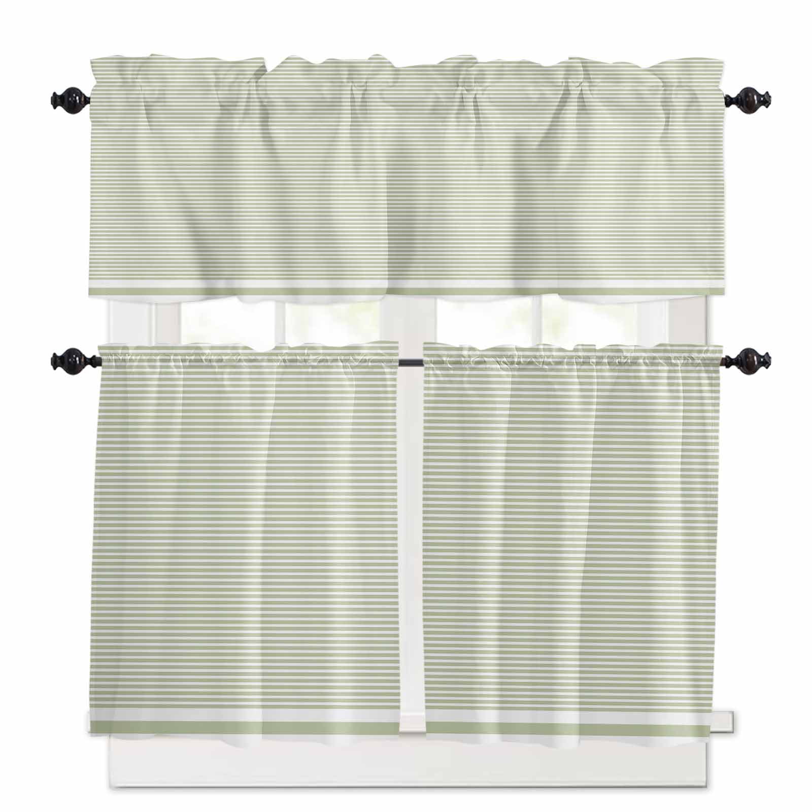 Farmhouse Sage Green White Striped Kitchen Curtains and Valances Set, 3 Piece Kitchen Curtains ...
