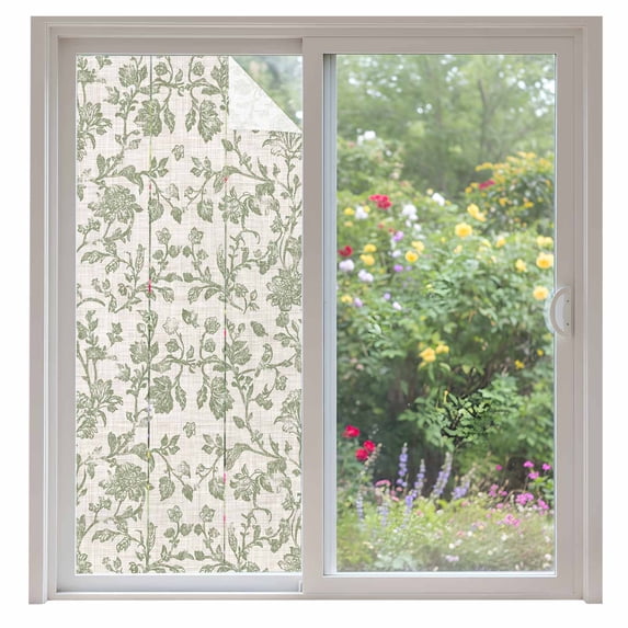 Farmhouse Sage Green Window Privacy Film, Vintage Flower Leaf Botanical ...