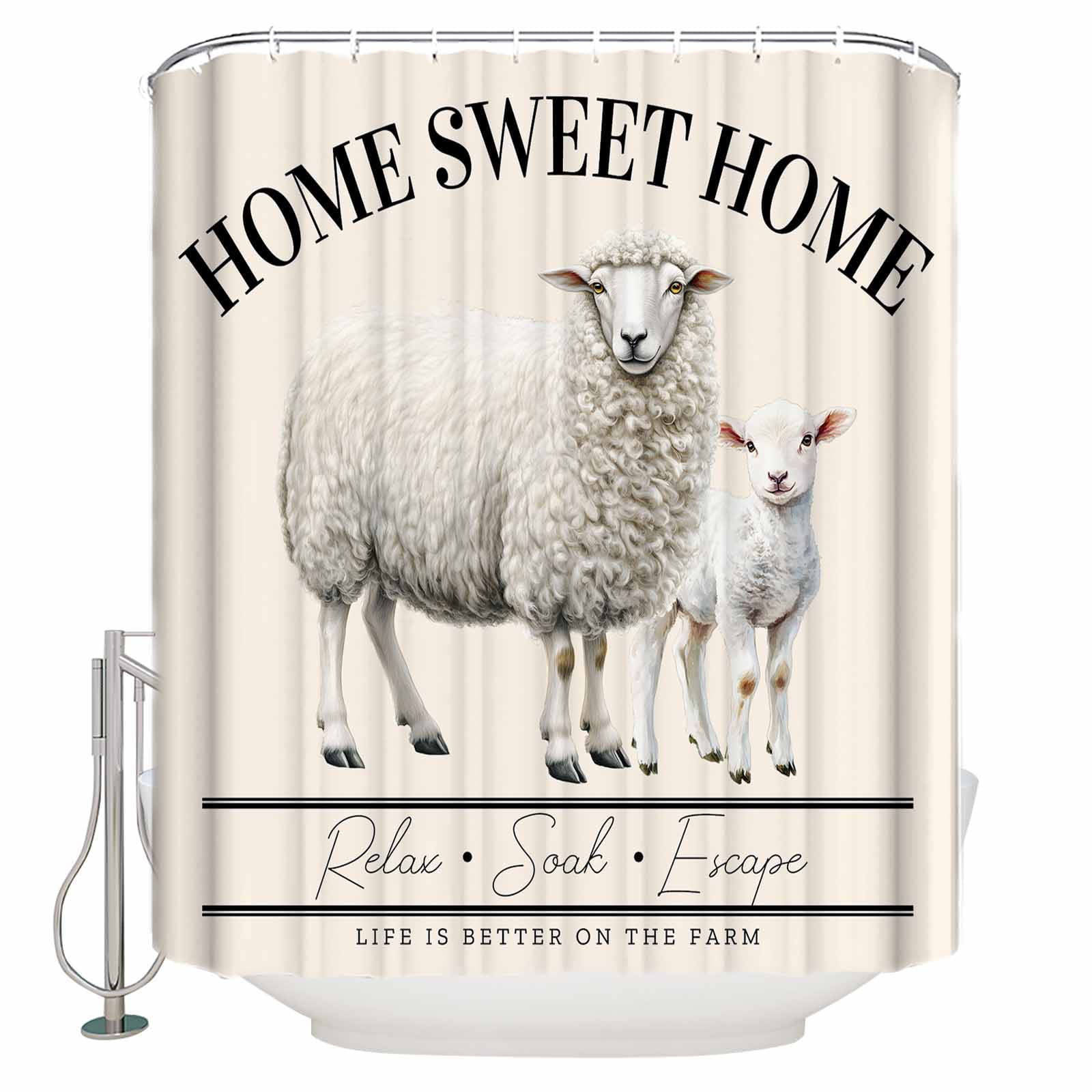 Farmhouse Sheep Bathroom Shower Curtains with 12 Hooks Polyester ...