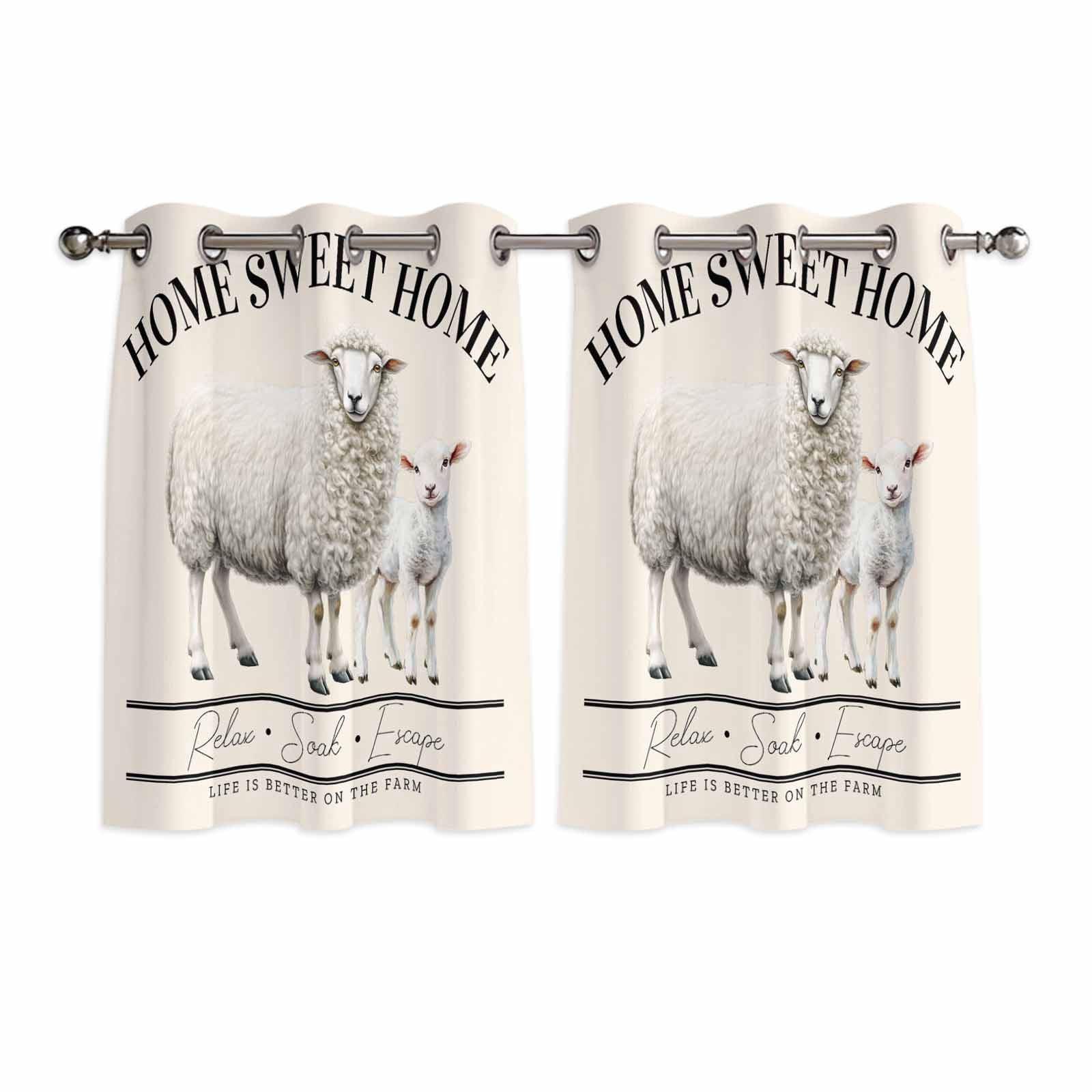 Farmhouse Sheep Kitchen Curtains Short 54 Inch Length, Watercolor Cute ...