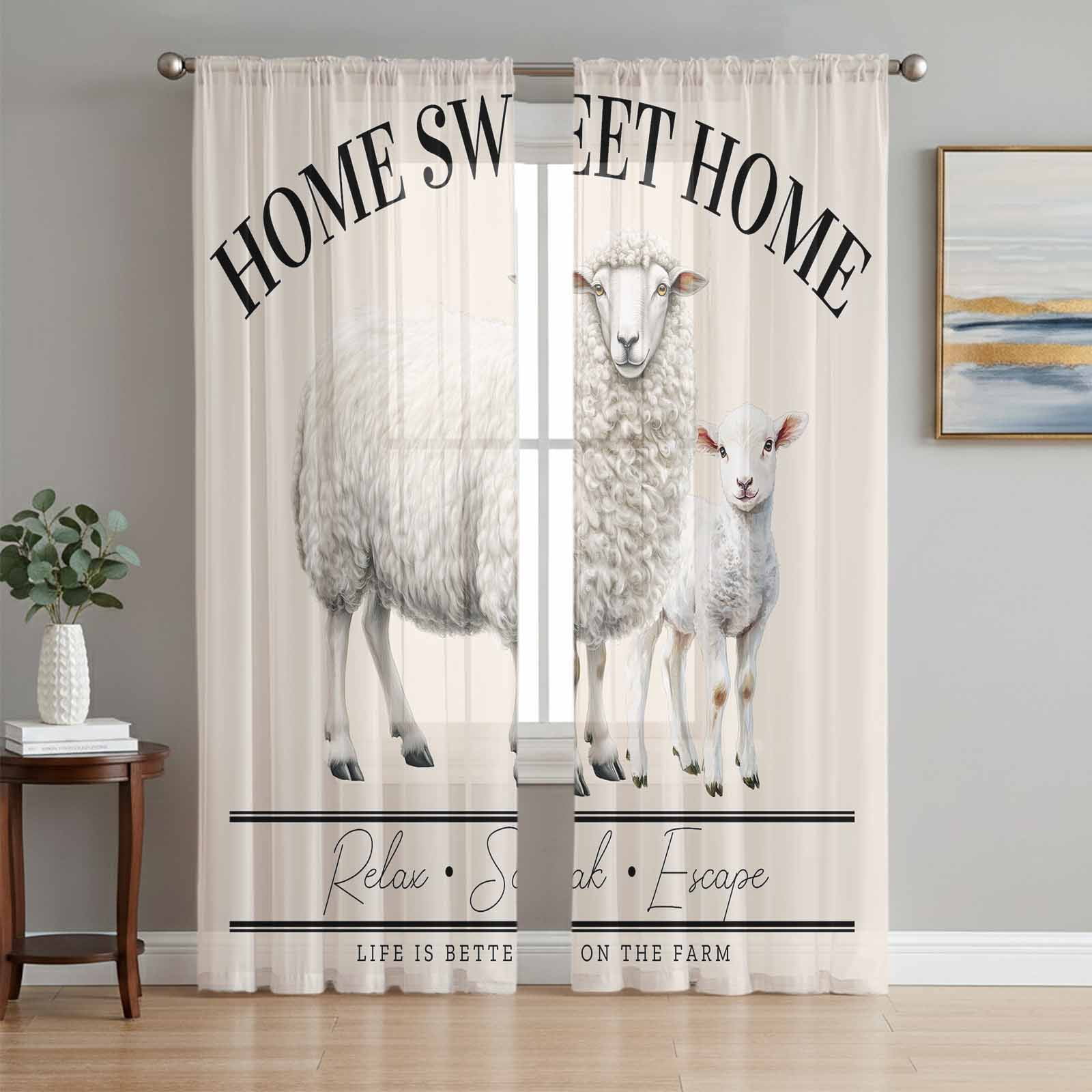 Farmhouse Sheep Sheer Curtains 72 Inch Length 2 Panels Set, Watercolor ...