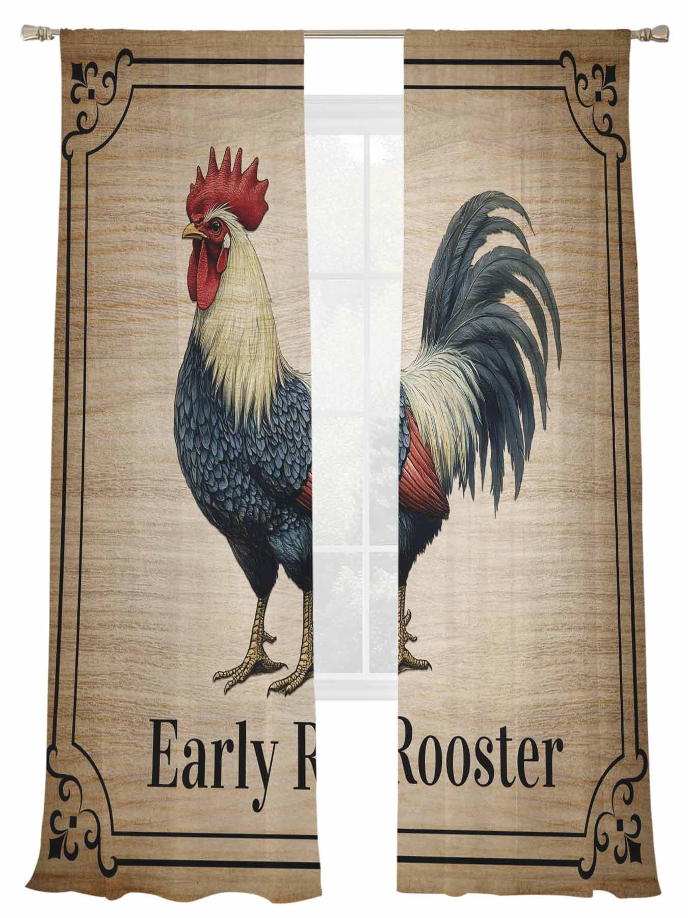 Farmhouse Sheer Curtains 2 Panels Set Early Rooster Animals Wood Grain ...