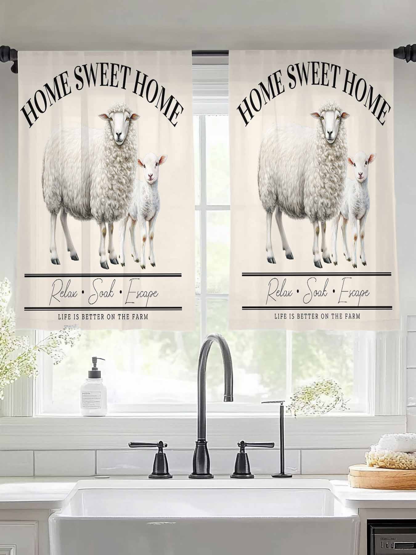 Farmhouse Sheer Curtains 54 Inches Long 2 Panels Retro Home Sweet Home ...