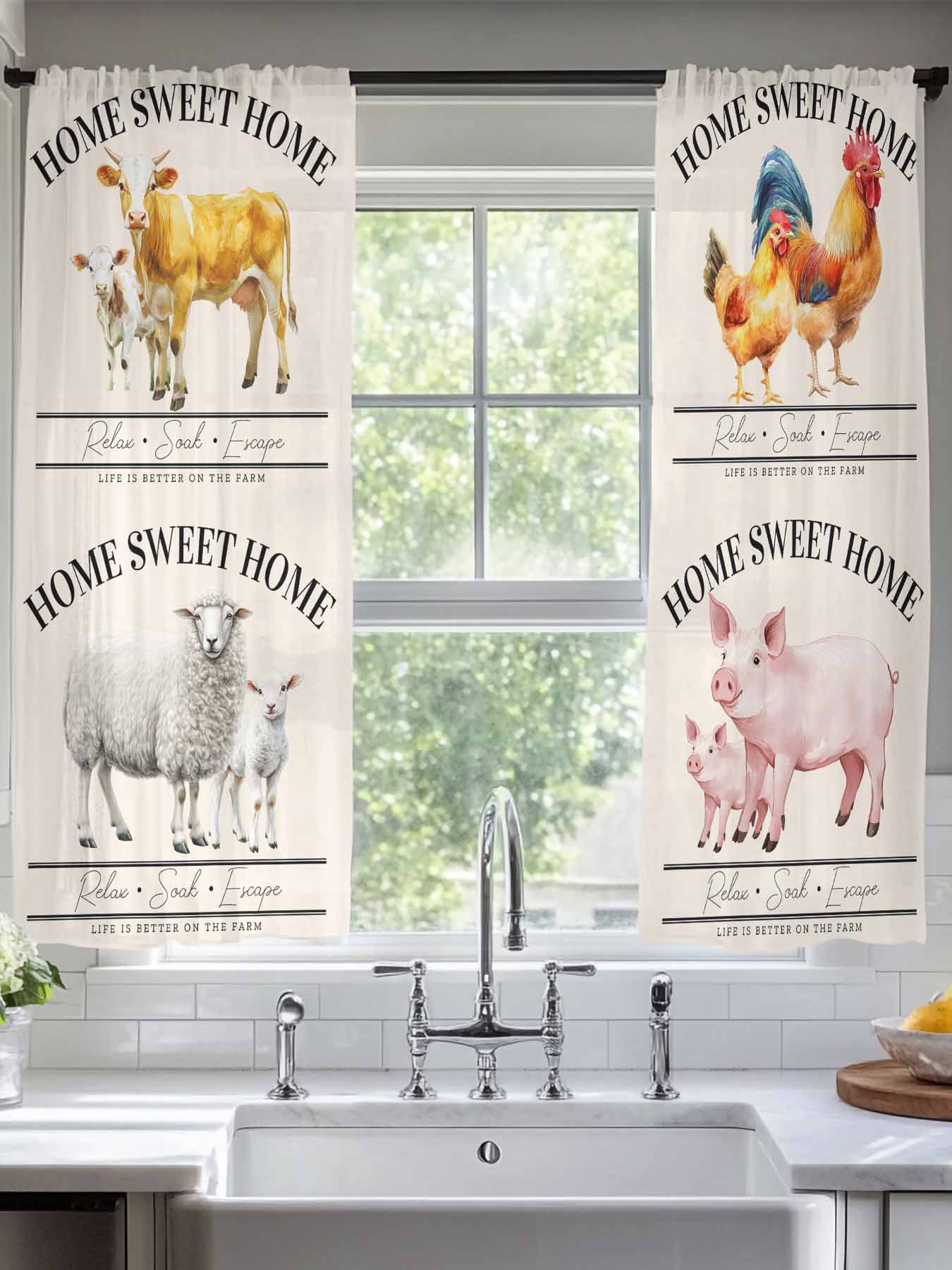 Farmhouse Sheer Curtains 63 Inches Long 2 Panels Pig Cow Chicken Sheep ...