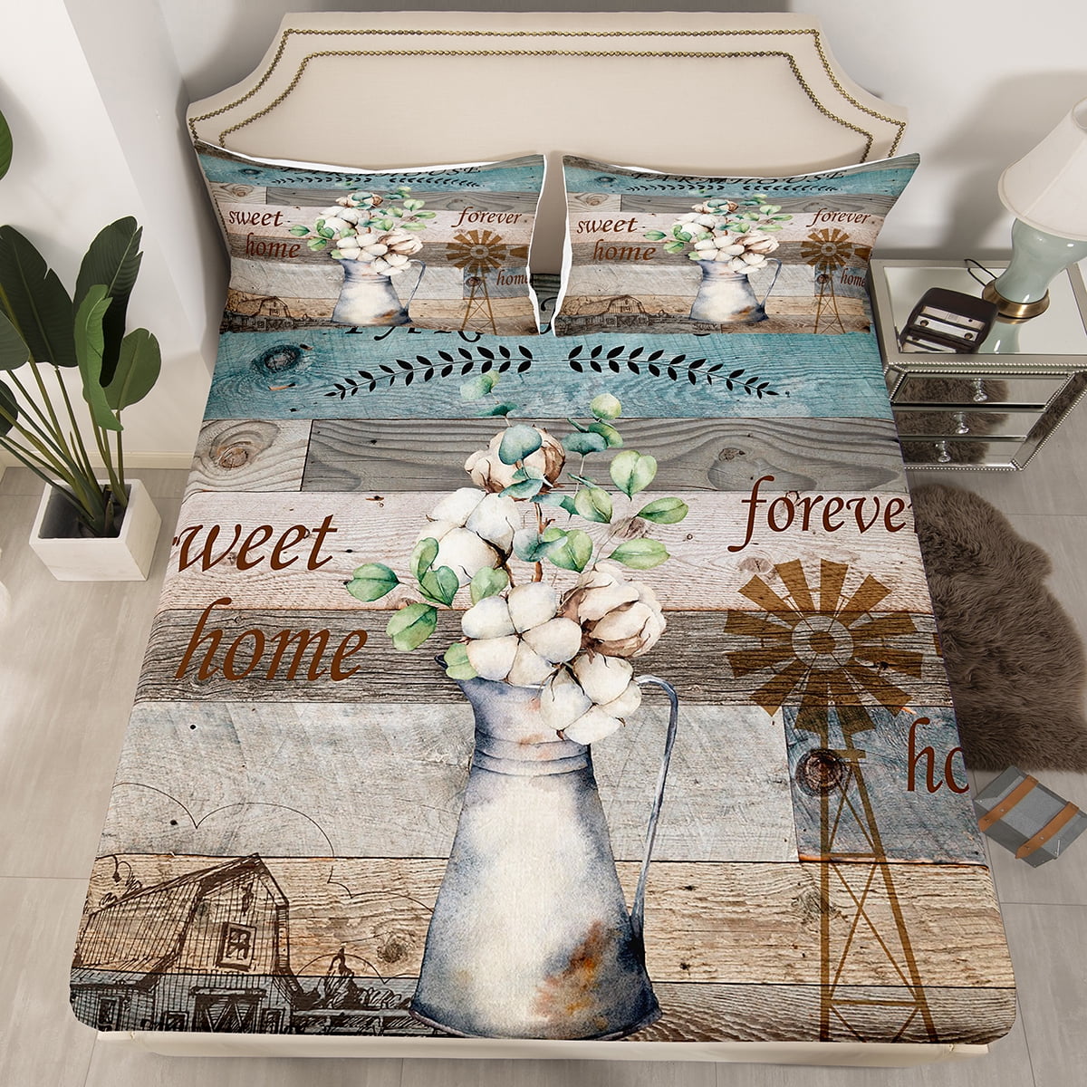 Farmhouse Sheets Country Floral Cotton Flower Fitted Sheet,Rustic ...