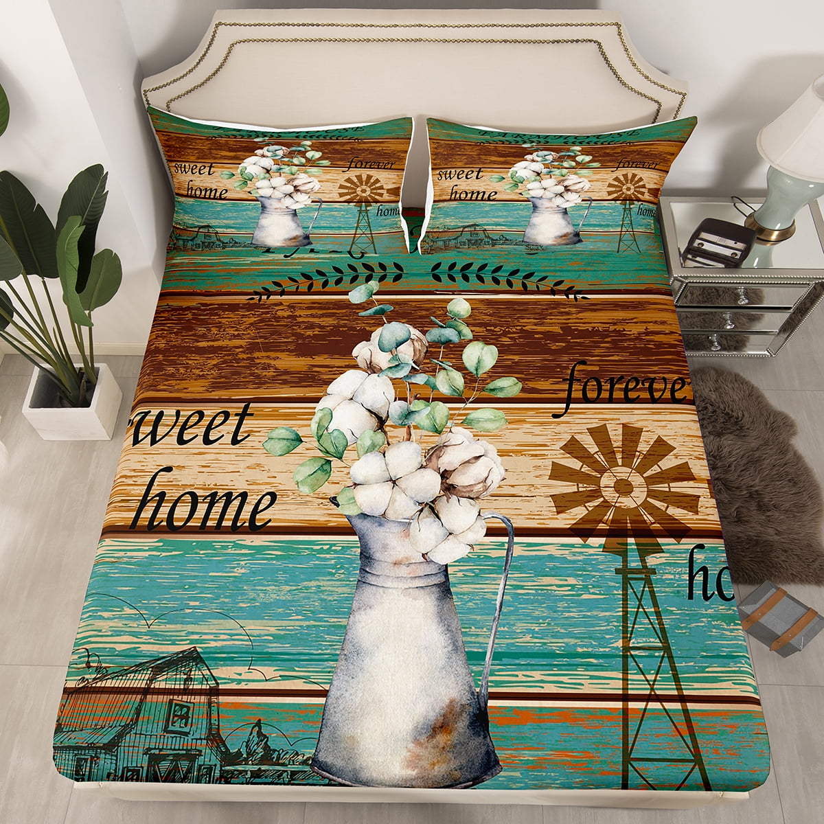 Farmhouse Sheets Country Floral Cotton Flower Fitted Sheet,Rustic ...