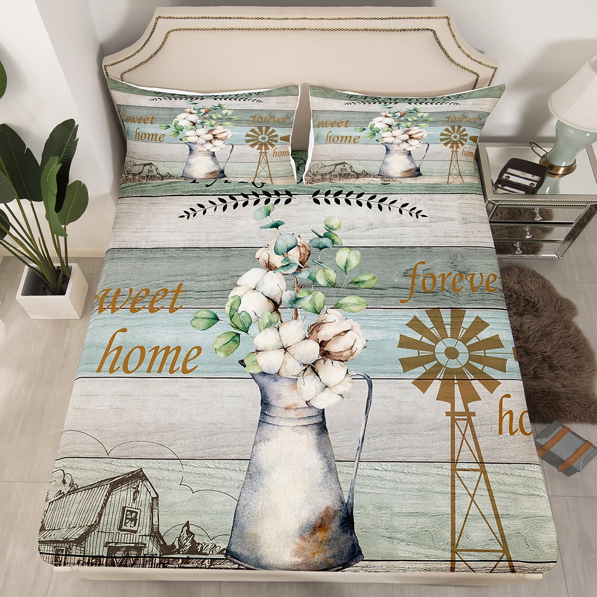 Farmhouse Sheets Country Floral Cotton Flower Fitted Sheet,Rustic ...