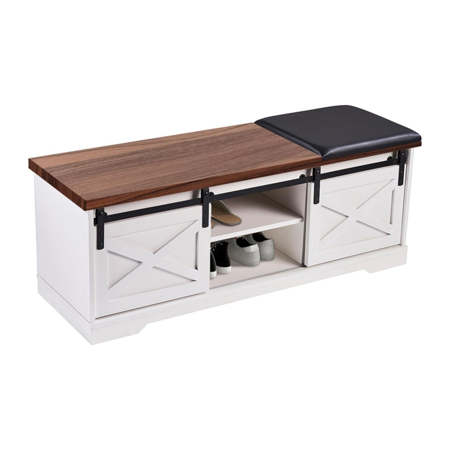 Farmhouse Shoe Bench with Storage, 2-Tier Wooden Cushioned Bench with ...