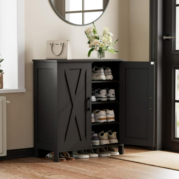 Farmhouse Shoe Cabinet with 2 Barn Doors & Wood Legs, 5-Tier Shoe ...