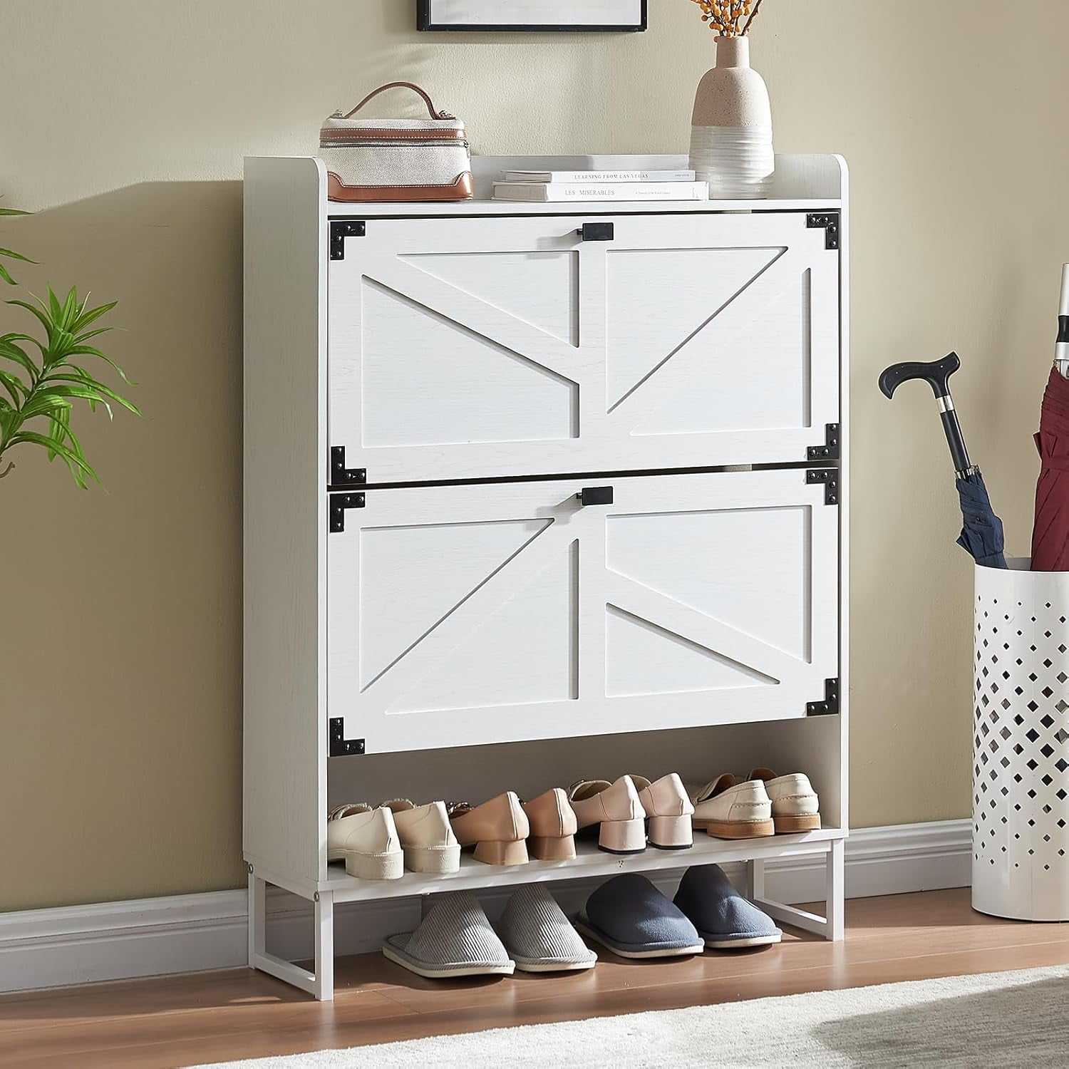 Farmhouse Shoe Cabinet with 2 Flip Drawers, 20 Pairs White Shoe Storage ...