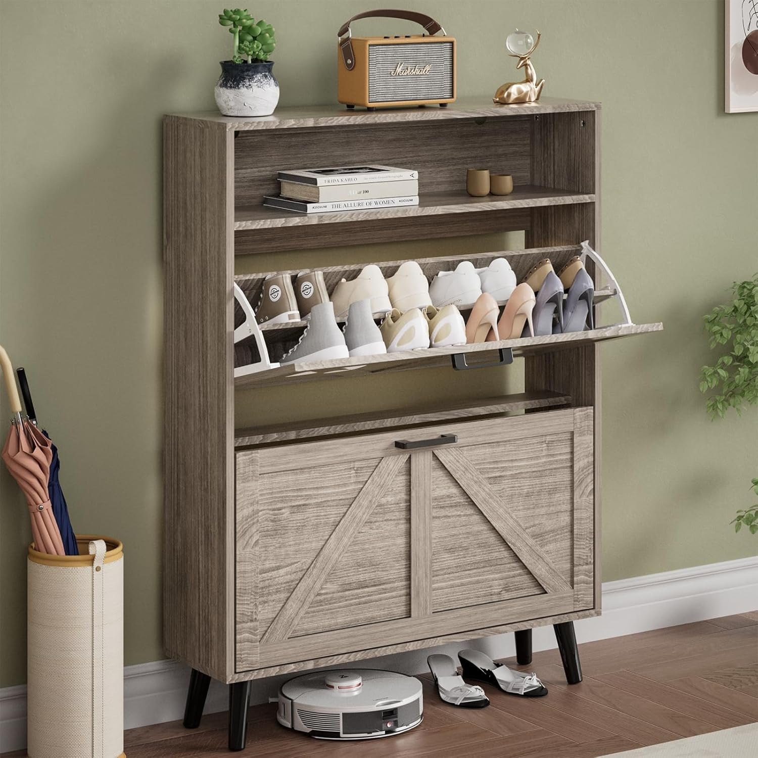 Farmhouse Shoe Cabinet with 2 Flip Drawers, Shoe Cabinet Storage for ...