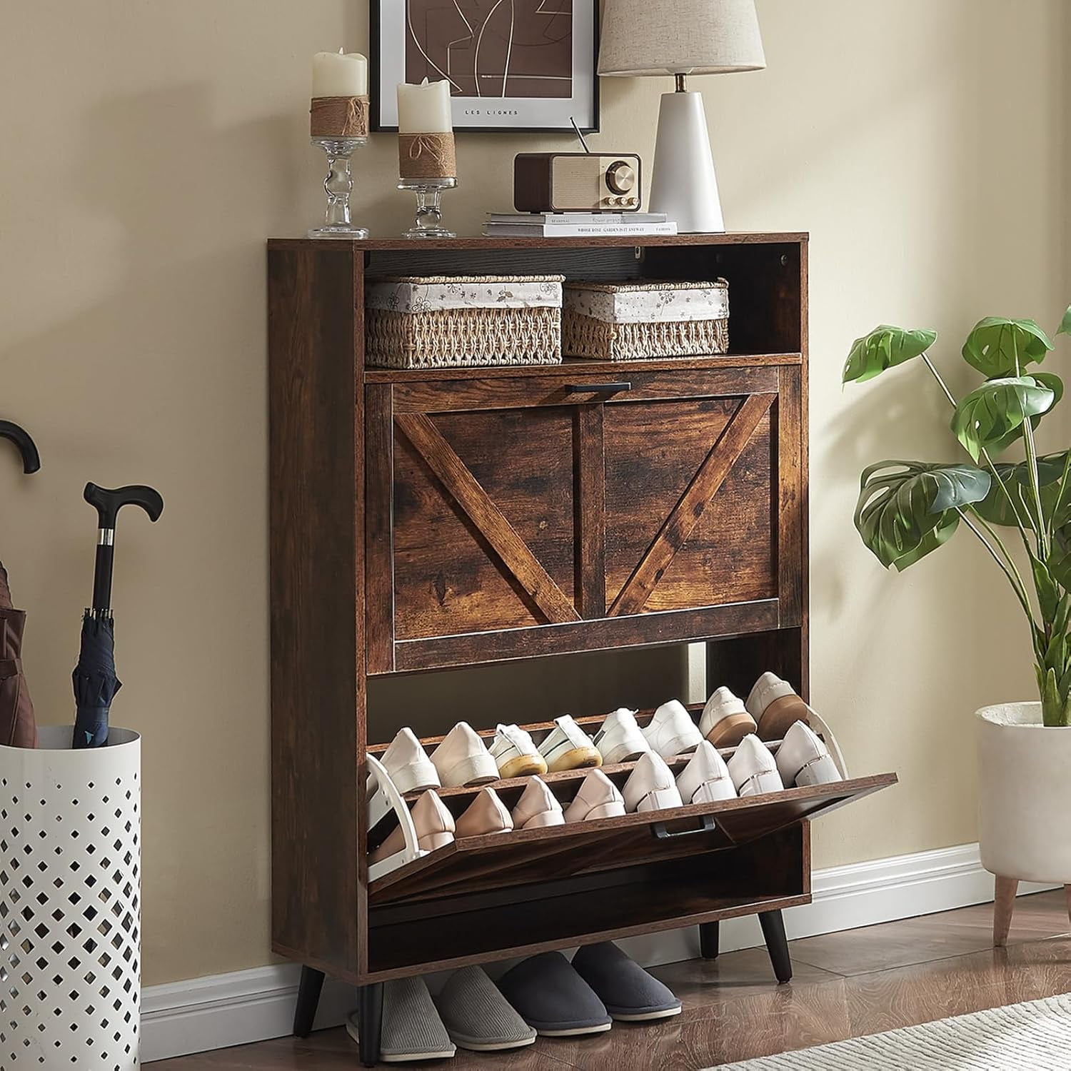 Farmhouse Shoe Cabinet with 2 Flip Drawers Shoe Cabinet Storage for ...