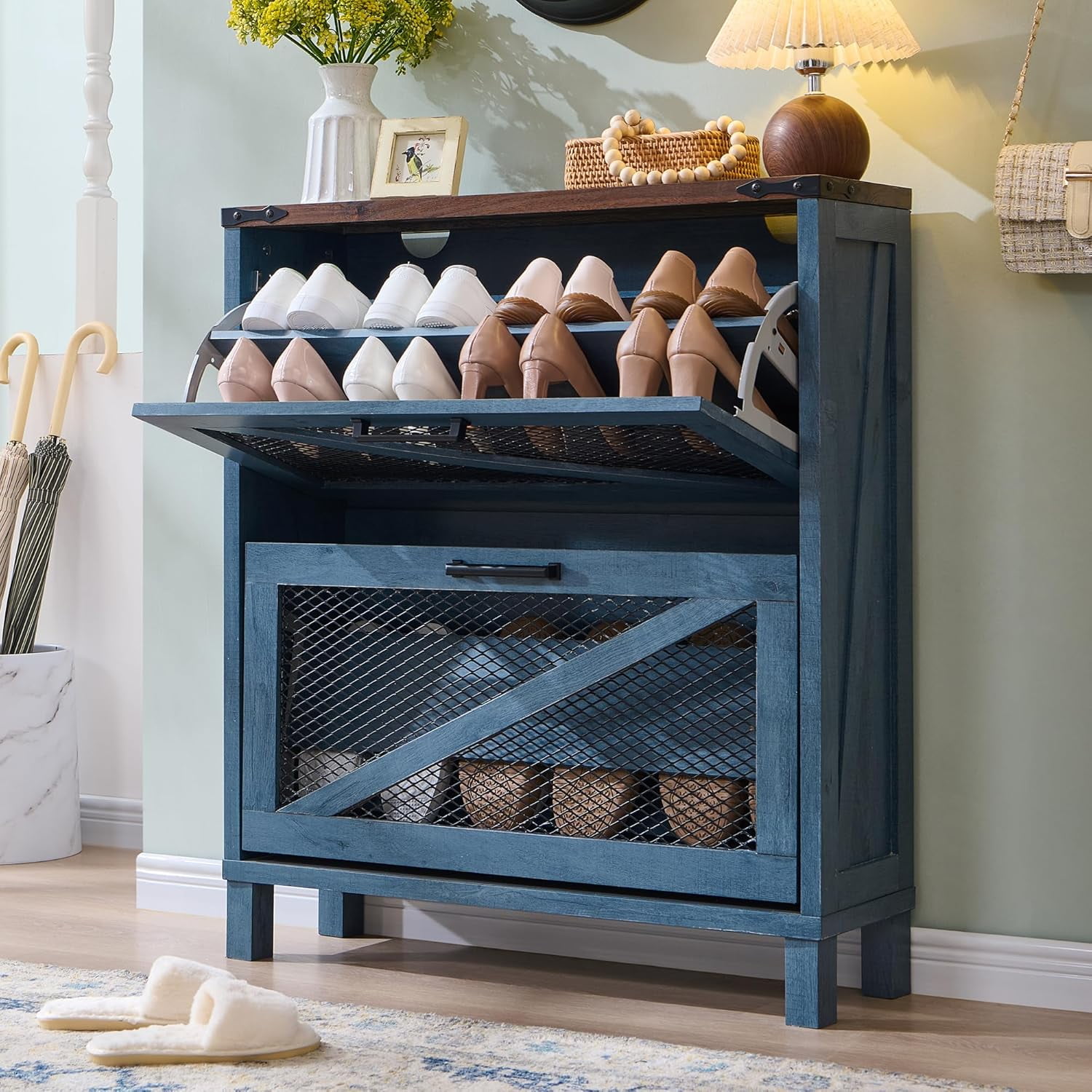 Farmhouse Shoe Cabinet 72" Tall with Mesh Doors and Adjustable Shelves ...