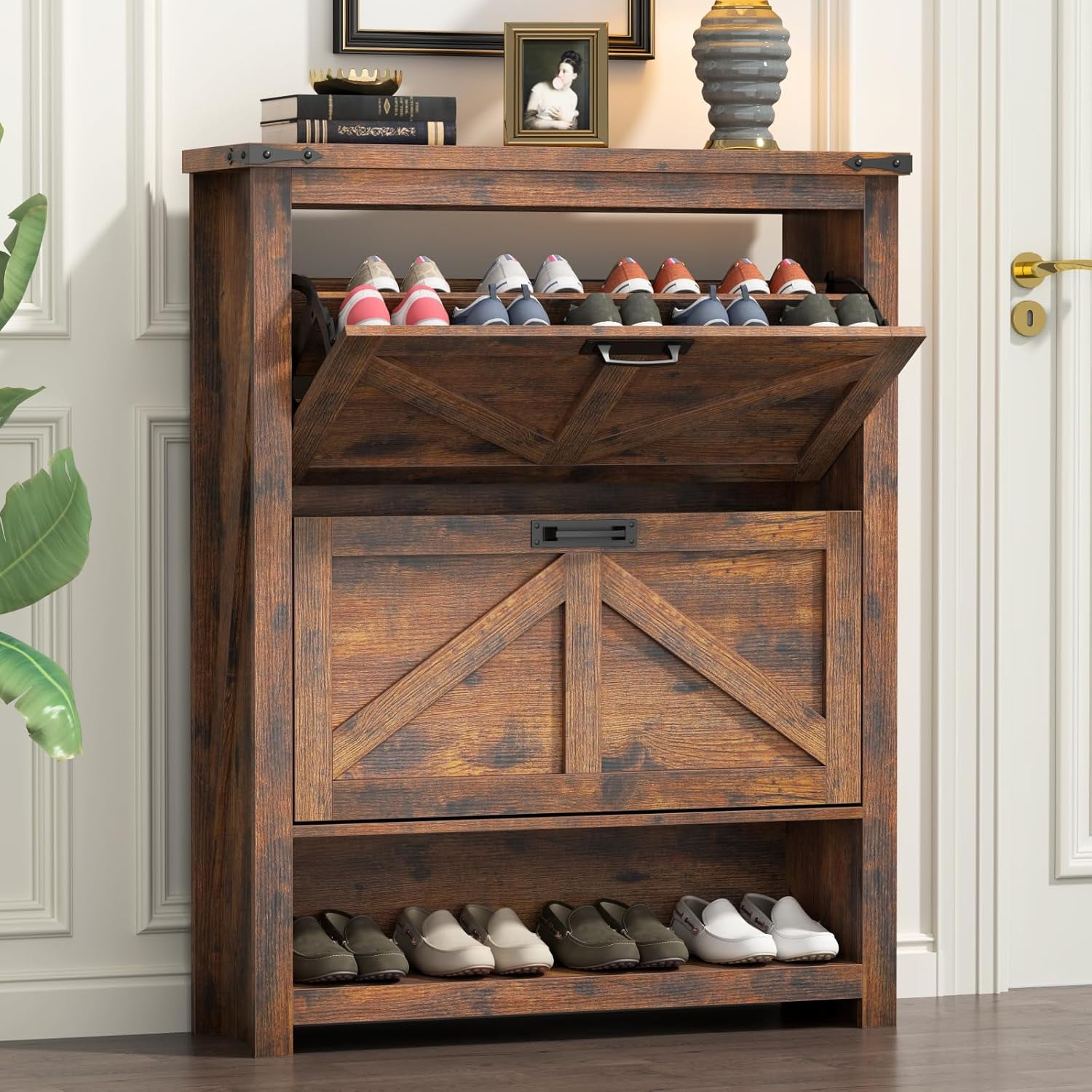Farmhouse Shoe Cabinet, Freestanding Tipping Bucket Shoe Rack Organizer ...