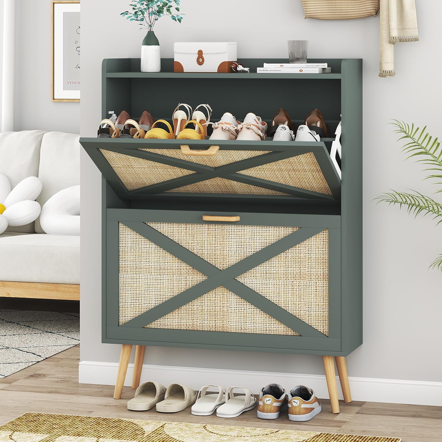 Farmhouse Shoe Cabinet Hidden Shoe Storage with 2 Flip Drawers Narrow ...
