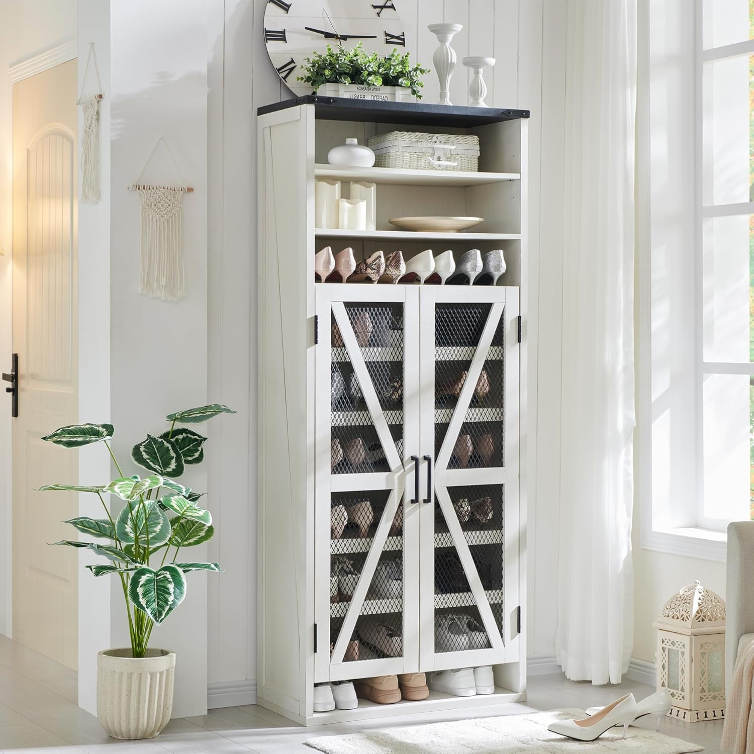 Farmhouse Shoe Cabinet, Narrow Shoe Storage Cabinet with 2 Flip Drawers ...