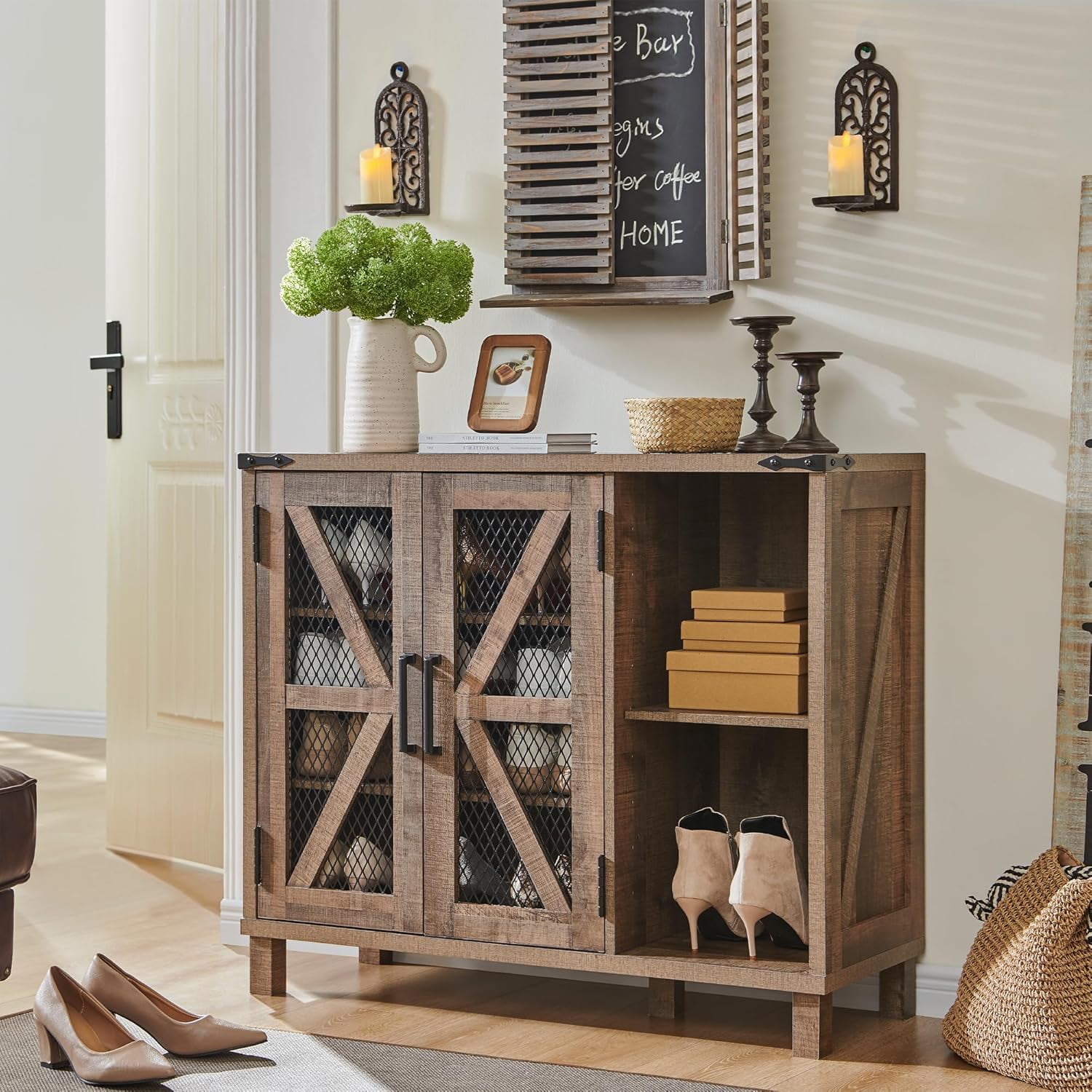 Farmhouse Shoe Cabinet, Narrow Shoe Storage Cabinet with 2 Flip Drawers ...