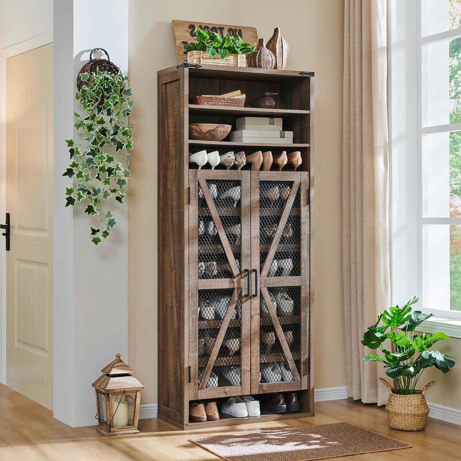 Farmhouse Shoe Cabinet, Narrow Shoe Storage Cabinet with 2 Flip Drawers ...
