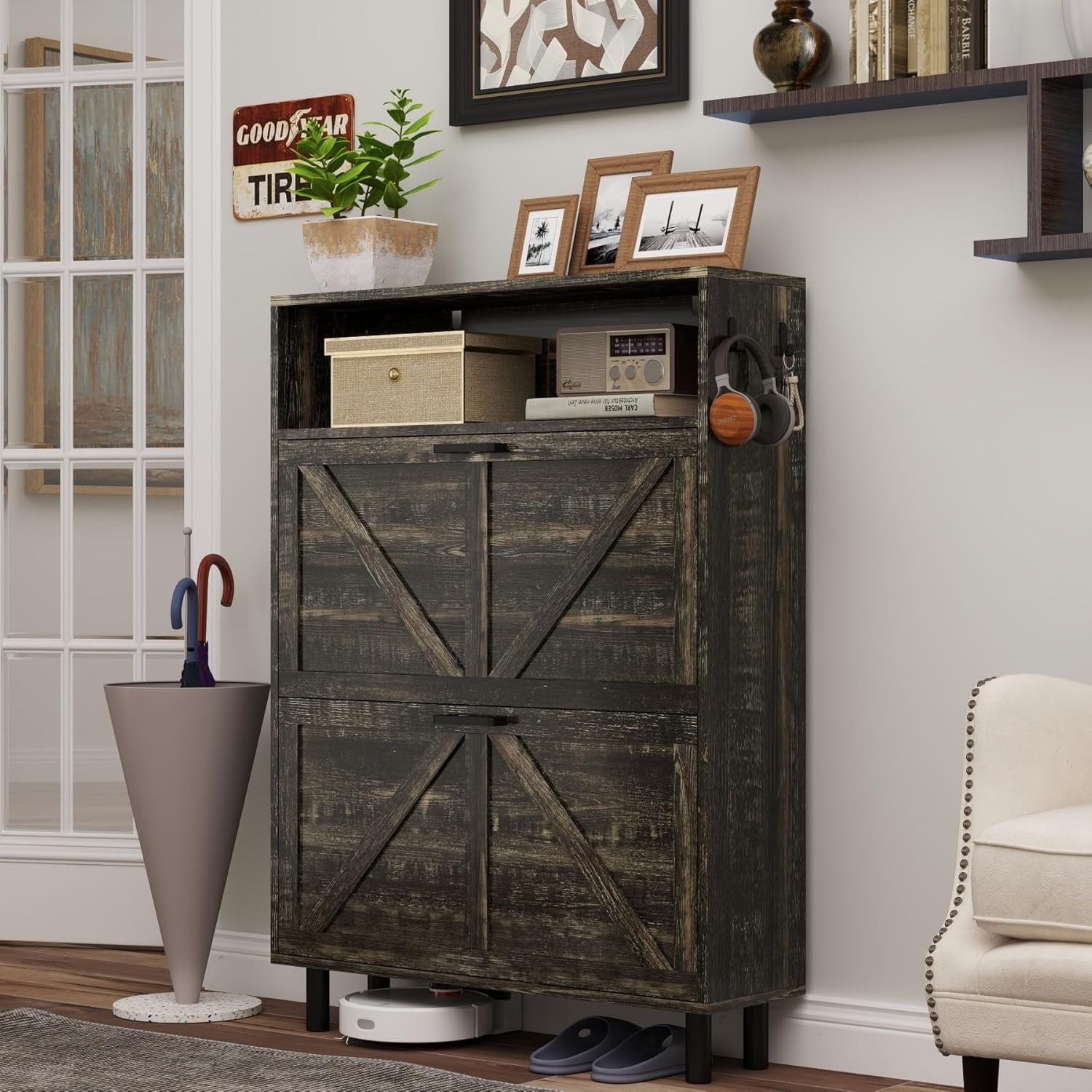 Farmhouse Shoe Cabinet Storage with Barn Door Design, Shoe Organizer ...