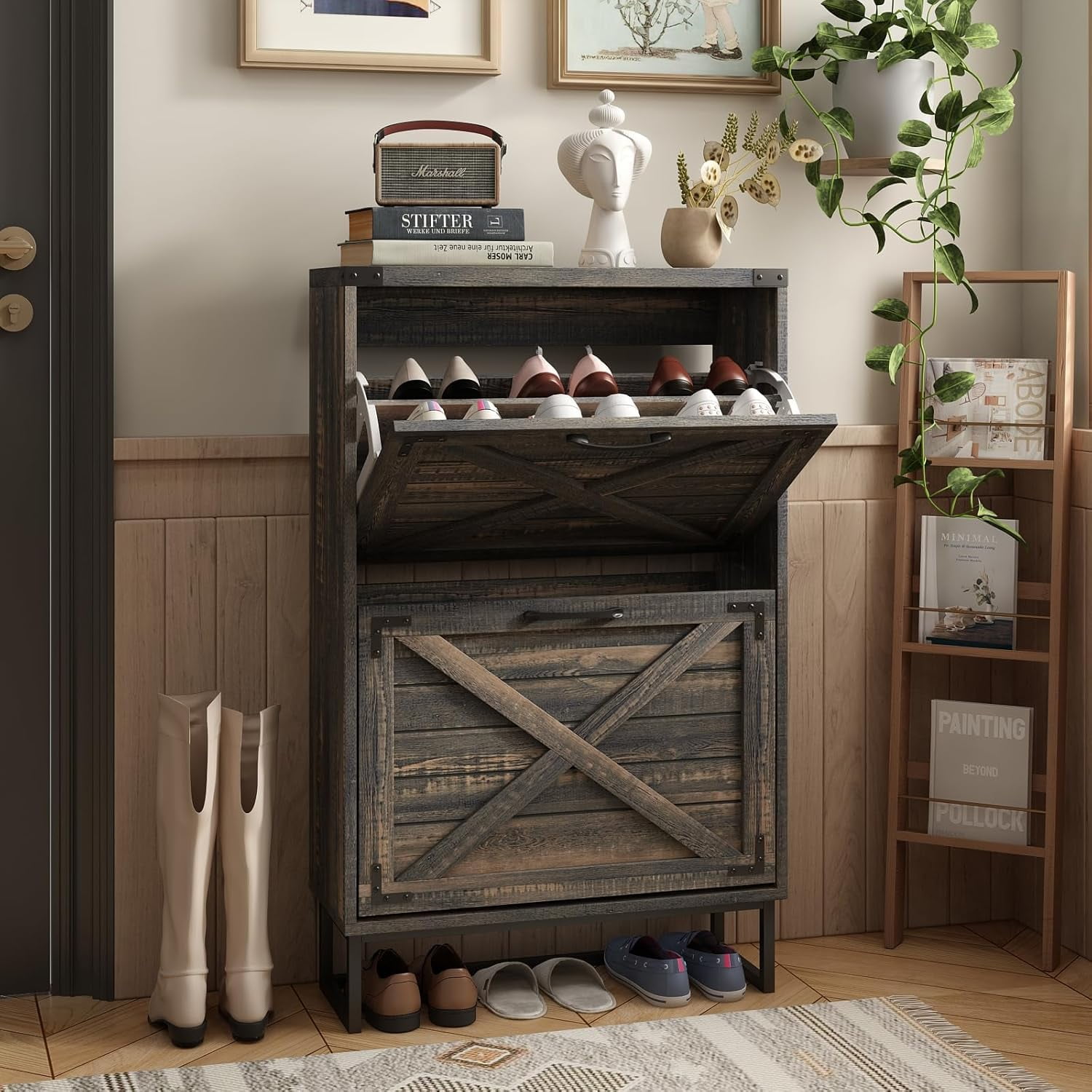 Farmhouse Shoe Cabinet Storage for Entryway, Freestanding Organizer ...