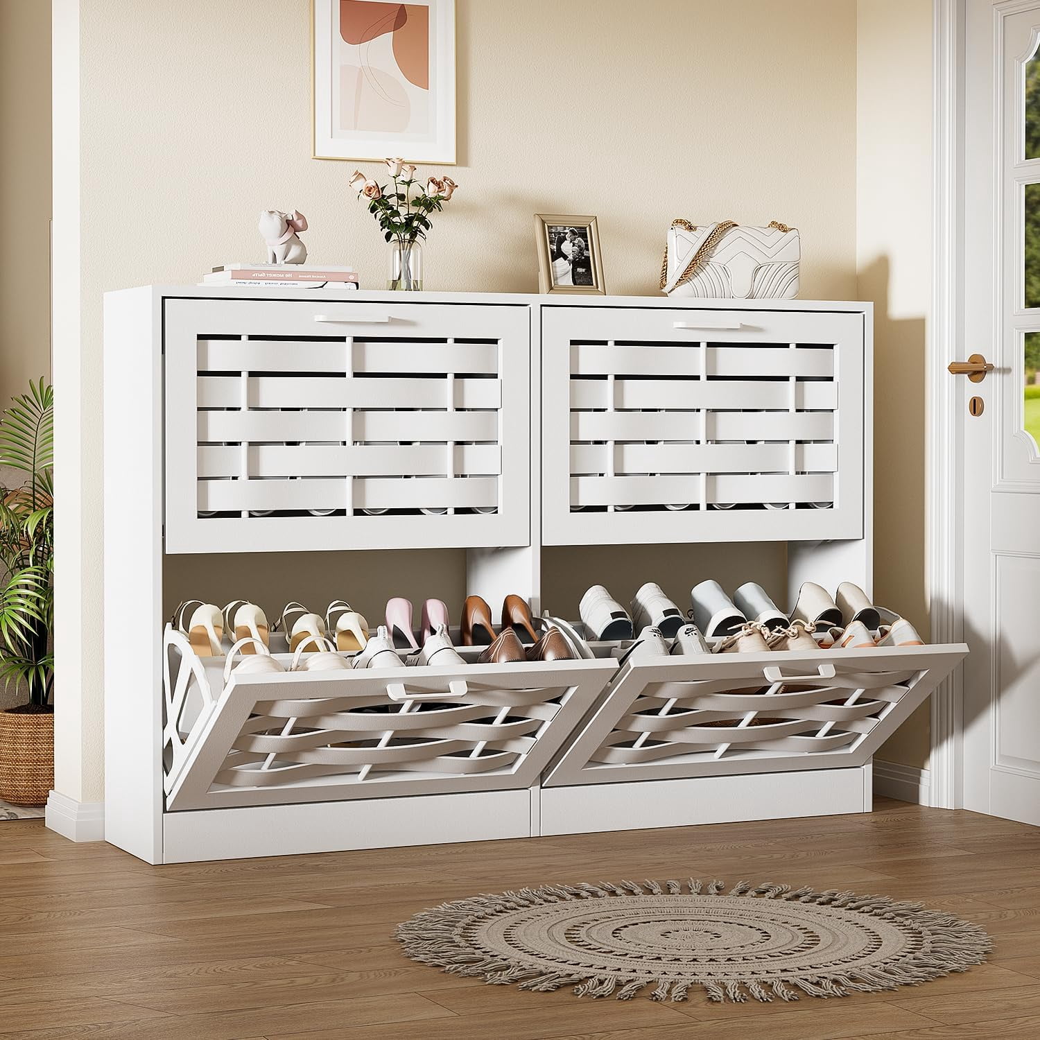 Farmhouse Shoe Cabinet Storage, Freestanding Shoe Organizer for ...