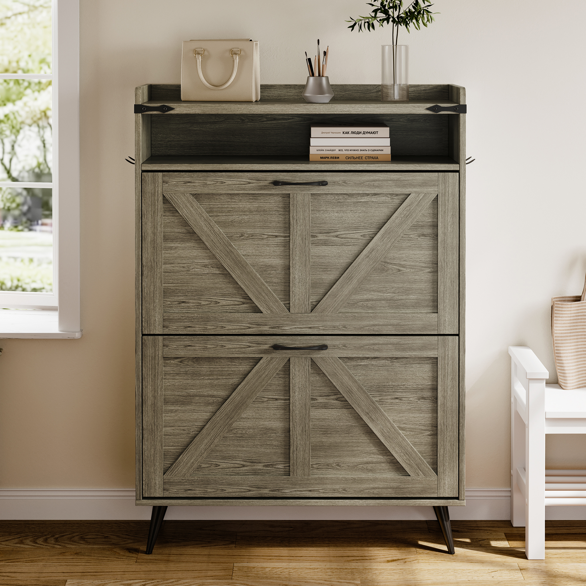 Farmhouse Shoe Rack, Freestanding Shoe Cabinet with 2 Flip Drawers for ...