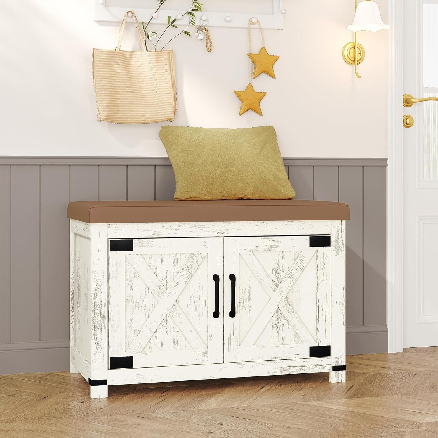 Farmhouse Shoe Storage Bench, 2 Tier Shoe Bench with Padded Seat ...