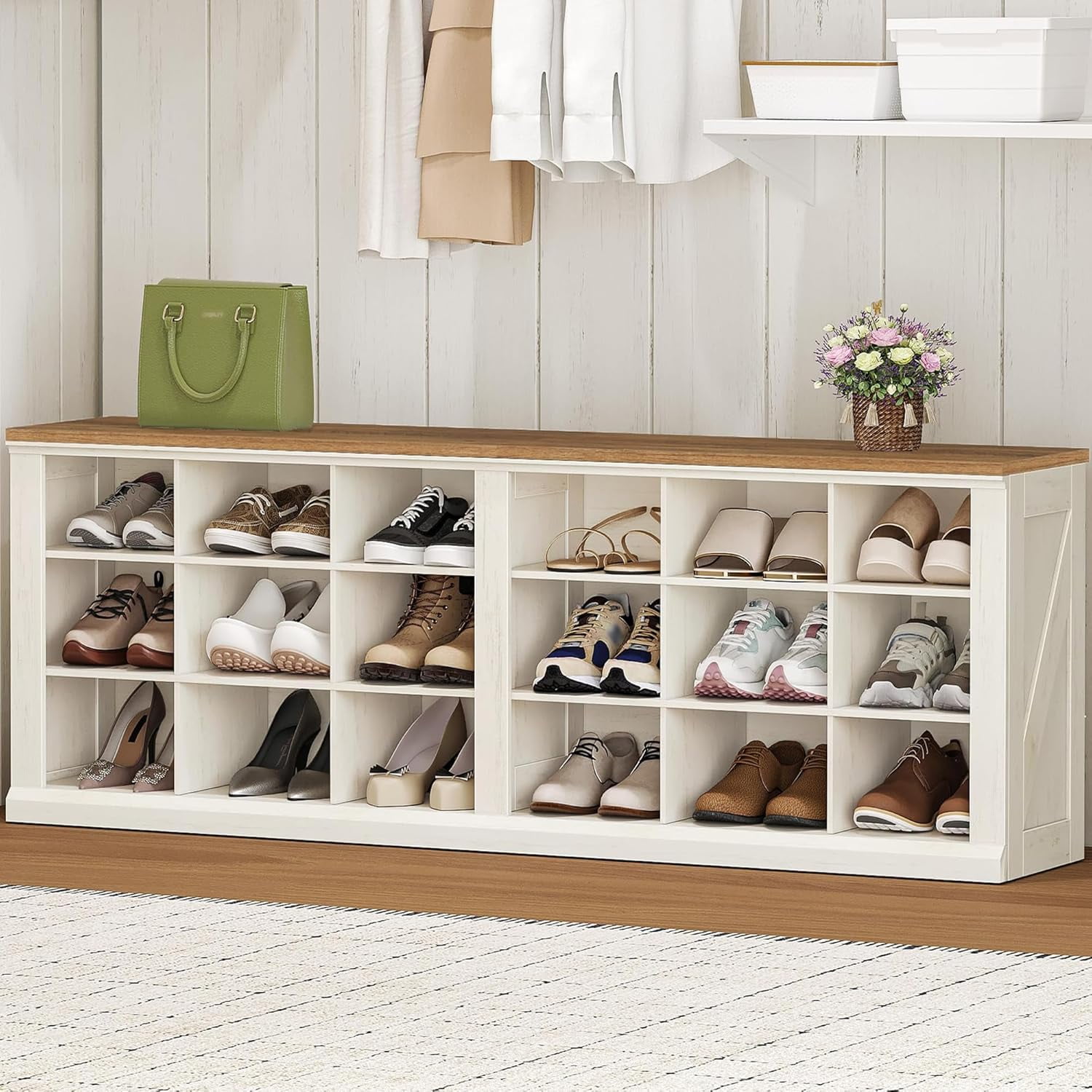Farmhouse Shoe Storage Bench, Entryway Shoe Cubby Bench, Widened Wooden ...