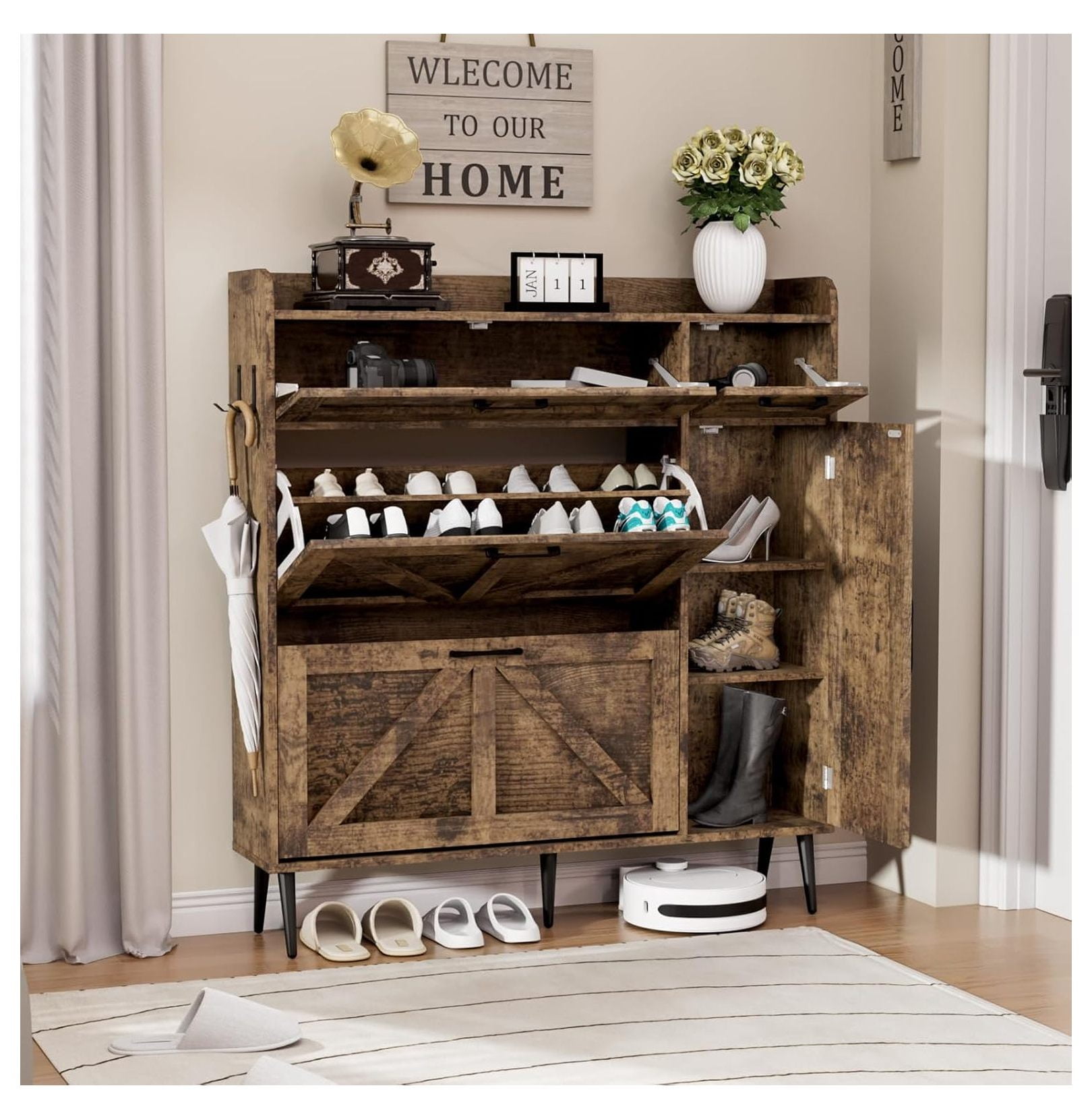 Farmhouse Shoe Storage Cabinet, 2 Drawers & Adjustable Side Shelf ...
