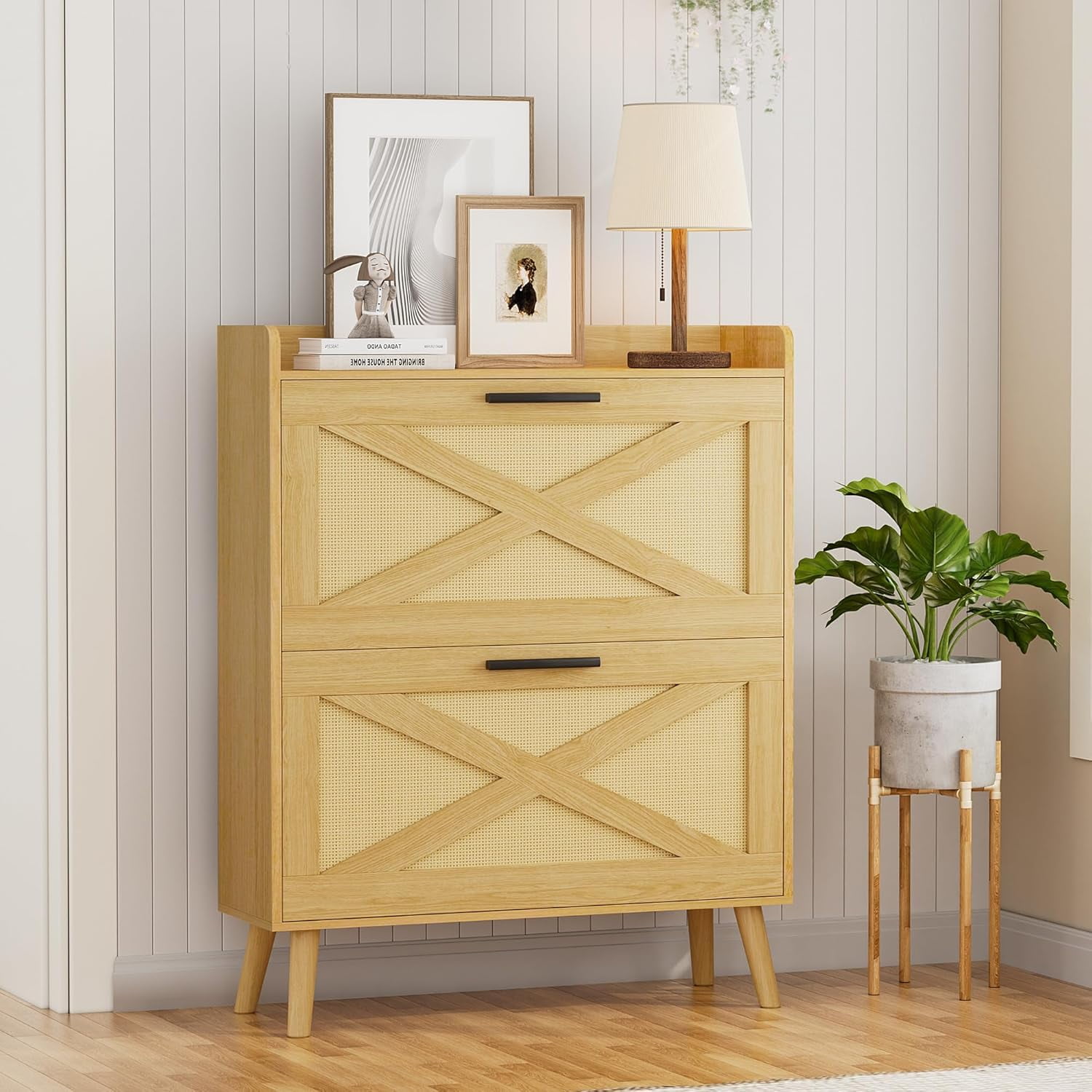 Farmhouse Shoe Storage Cabinet with 2 Flip Drawers and Barn Door Design ...