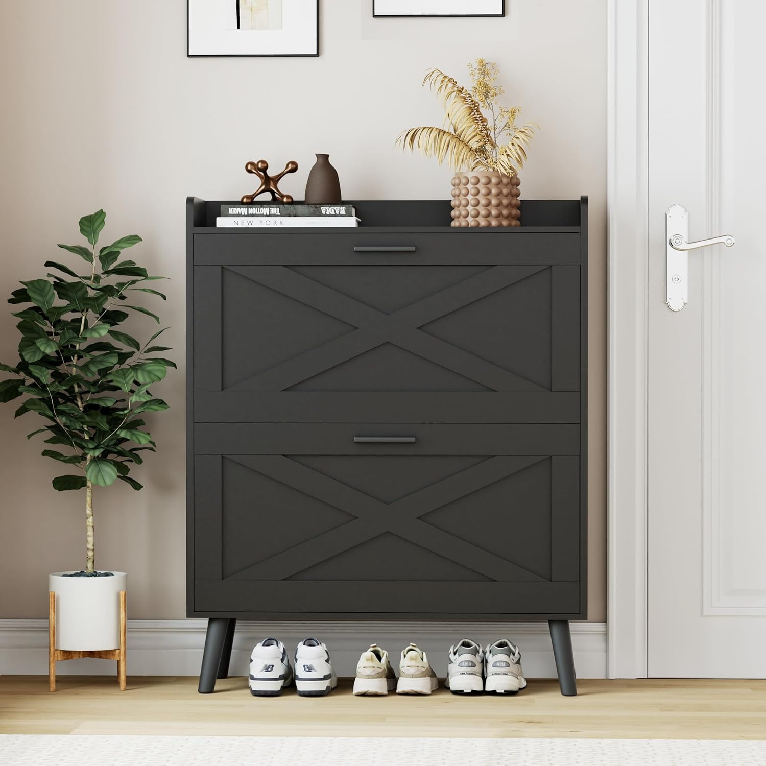 Farmhouse Shoe Storage Cabinet with 2 Flip Drawers and Barn Door Design ...