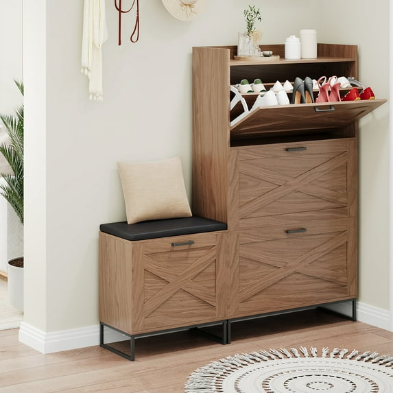 Farmhouse Shoe Storage Cabinet with 4 Flip-Down Drawers & Upholstered ...