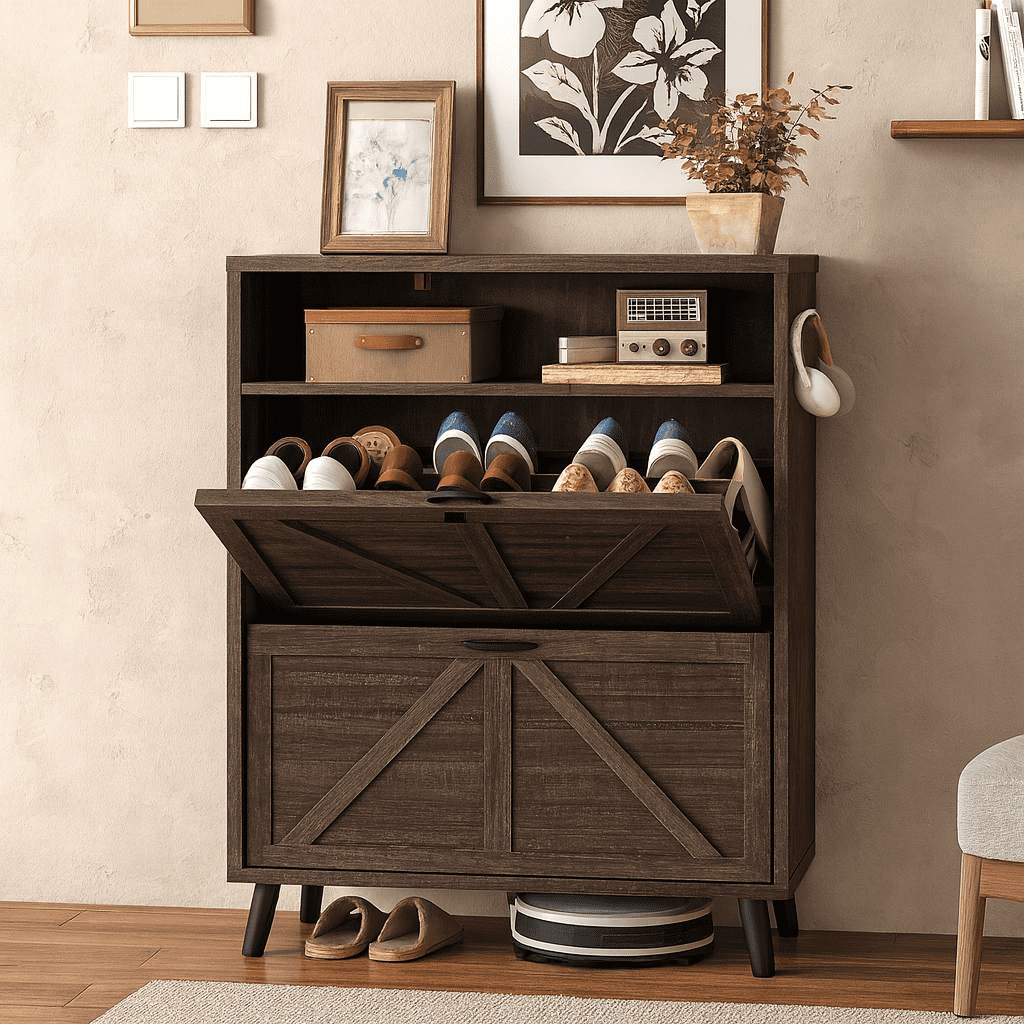 Farmhouse Shoe Storage Cabinet with Barn Door Design, Shoe Organizer ...