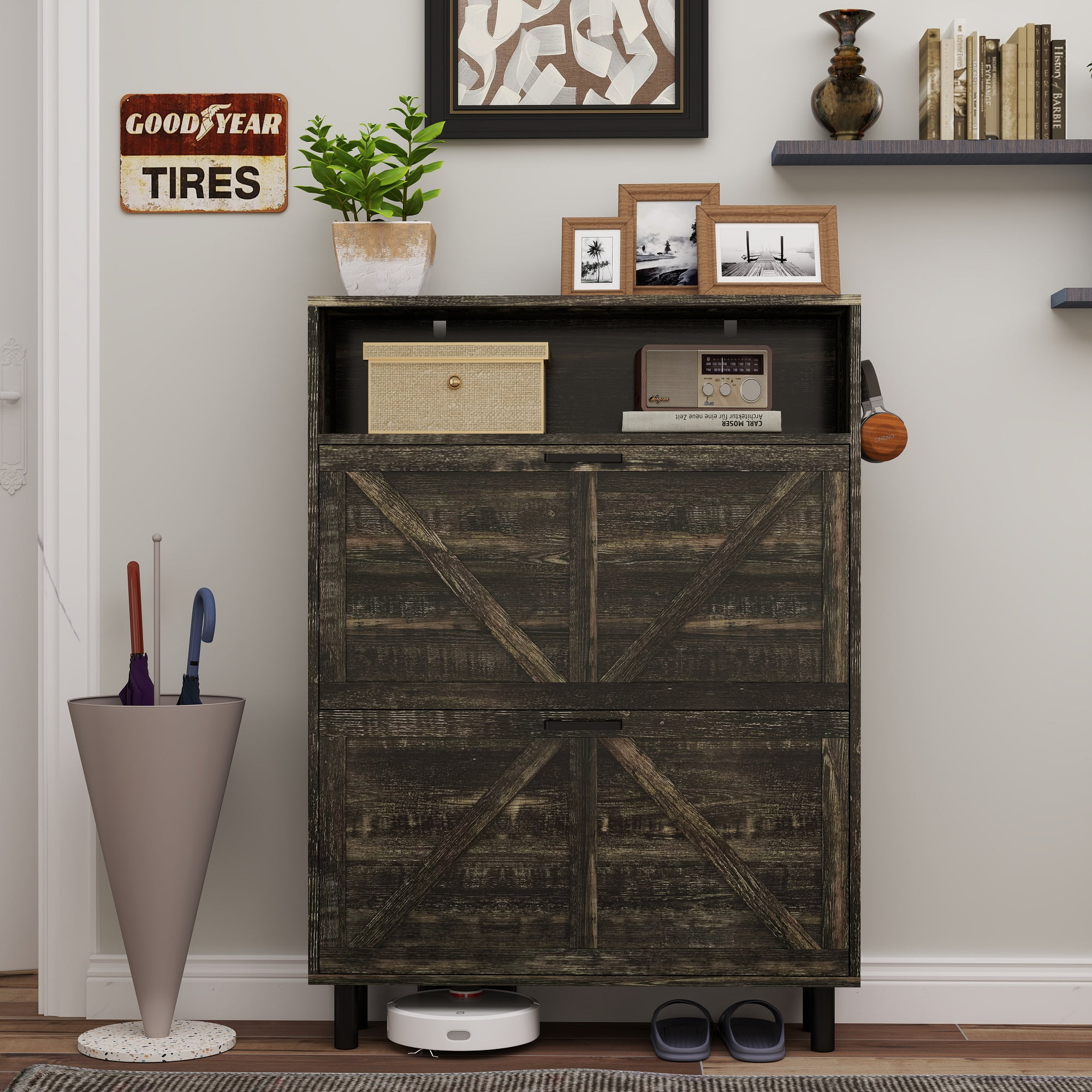 Farmhouse Shoe Storage Cabinet with Barn Door Design, Shoe Organizer ...