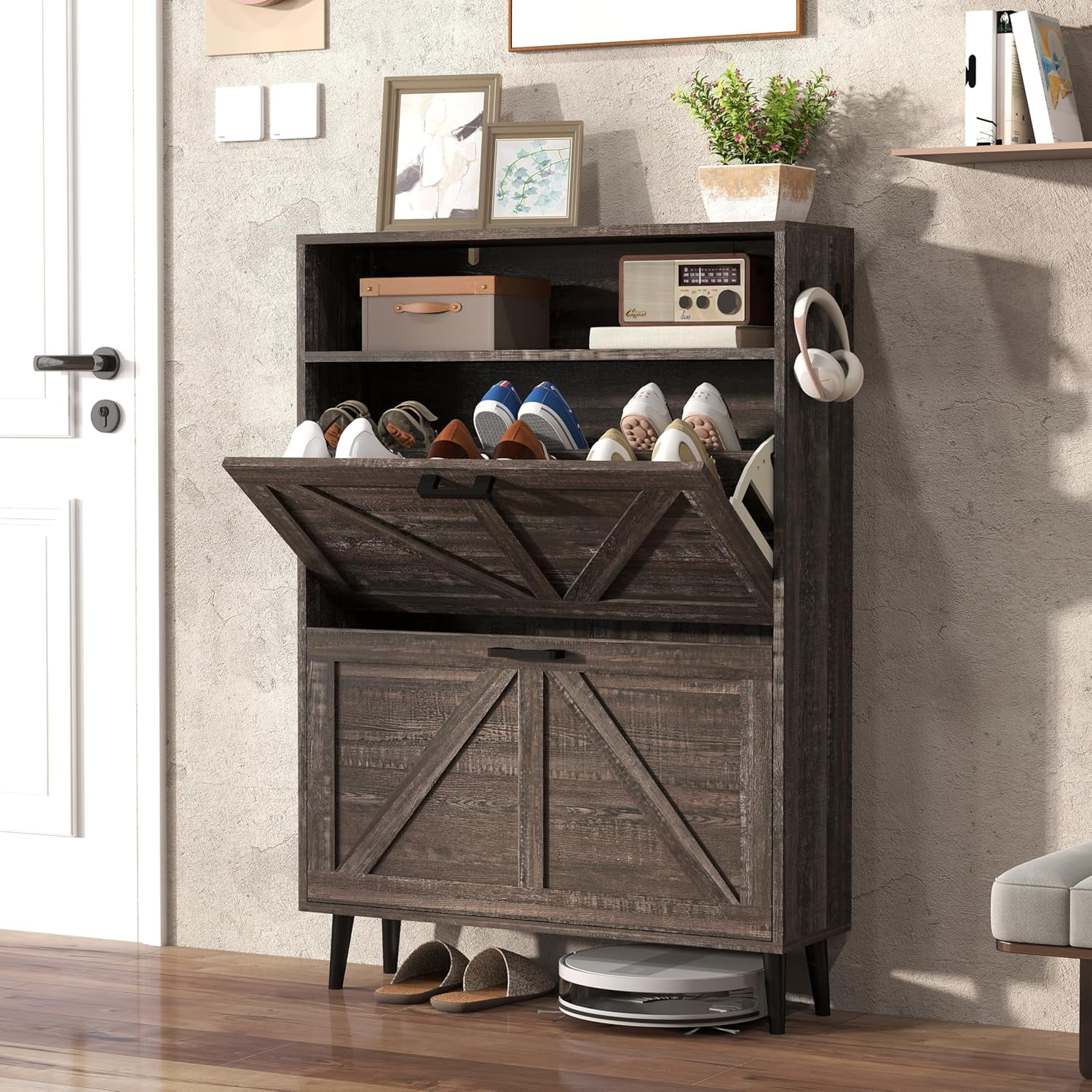 Farmhouse Shoe Storage Cabinet with Barn Door Design, Shoe Organizer ...